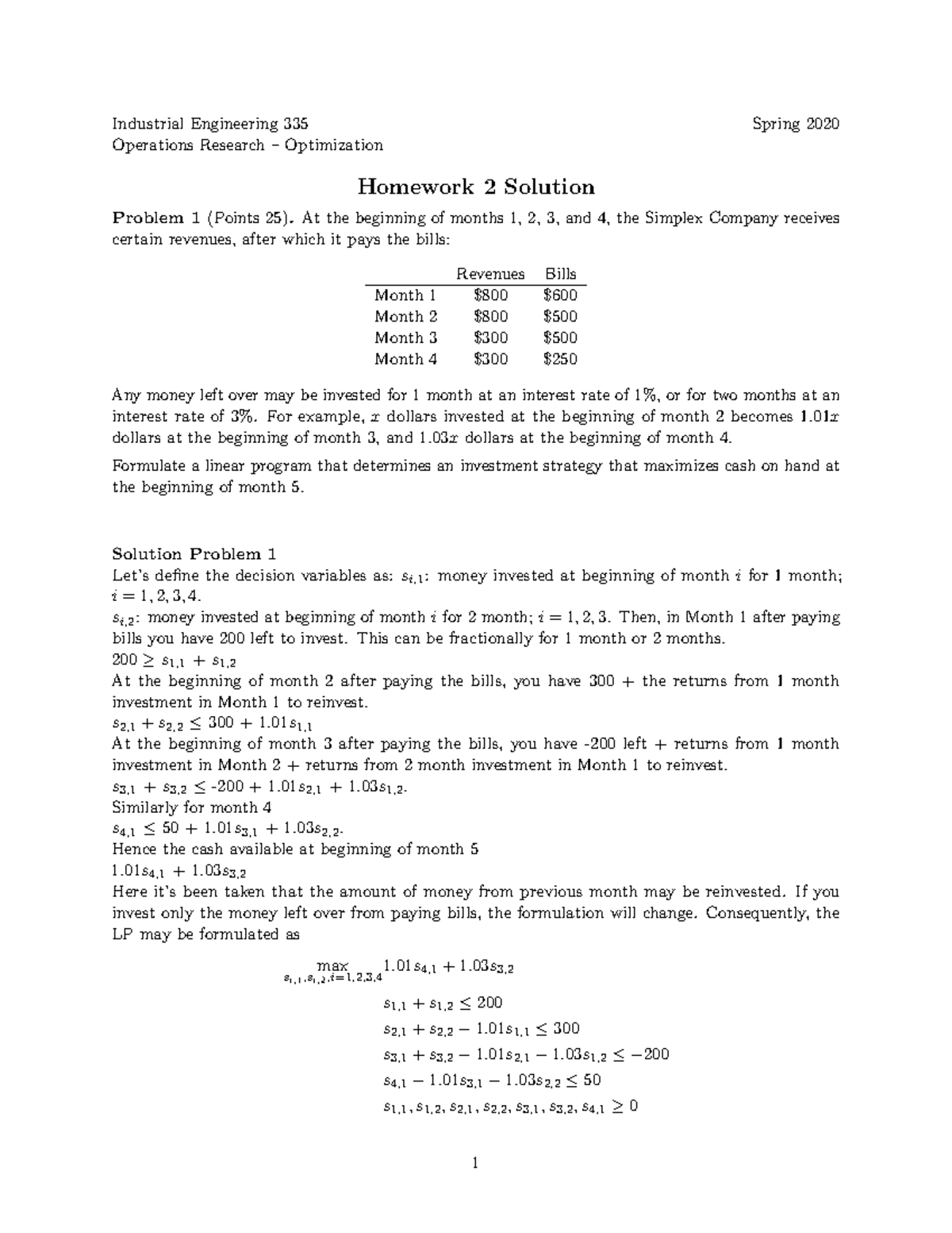 Homework 2 Solution - Industrial Engineering 335 Spring 2020 Operations ...