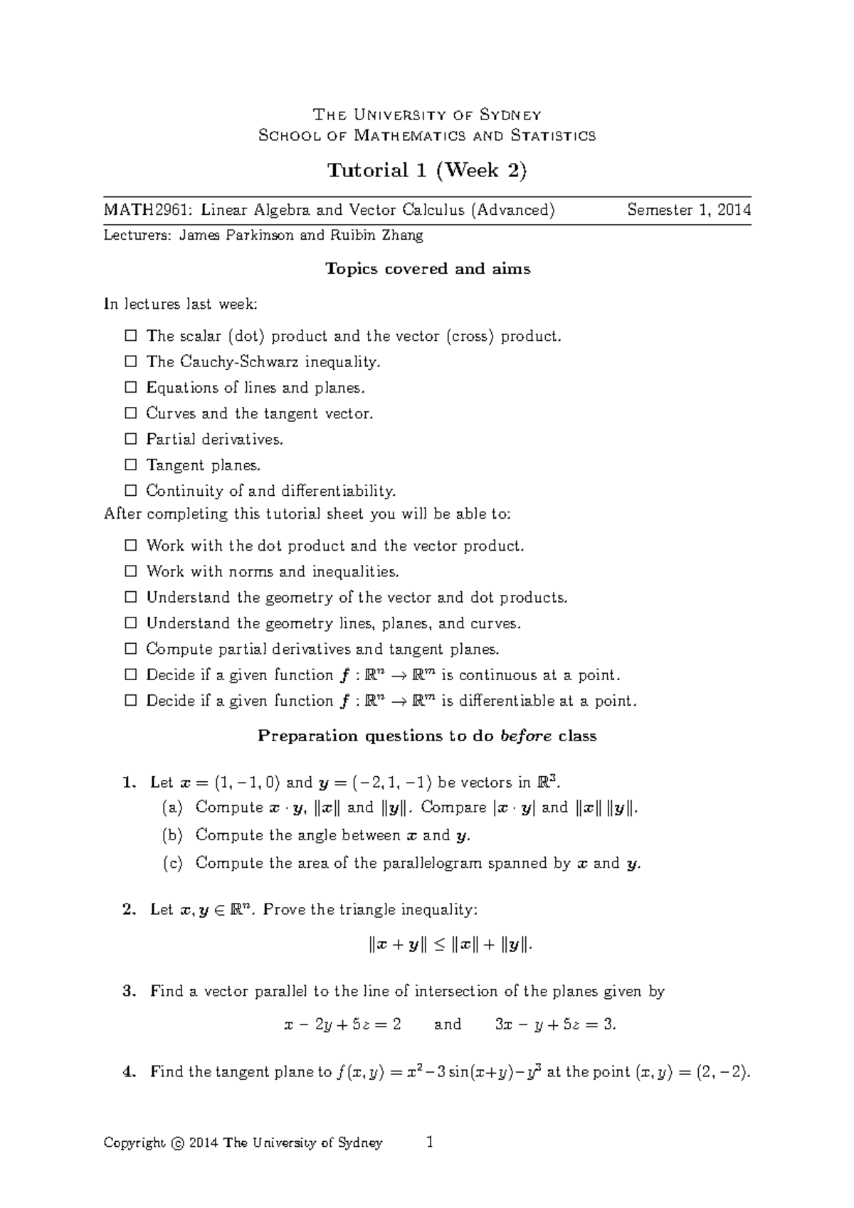 Tutorial work - tutorial worksheet questions - The University of Sydney ...