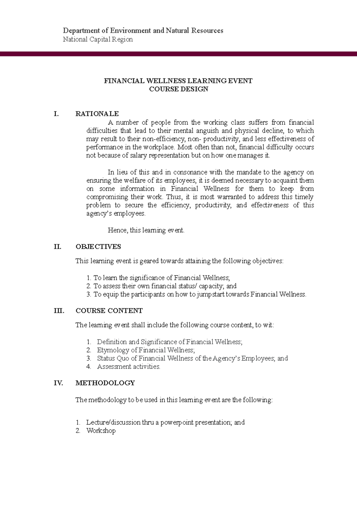 FWS Course Design - FINANCIAL WELLNESS LEARNING EVENT COURSE DESIGN I ...