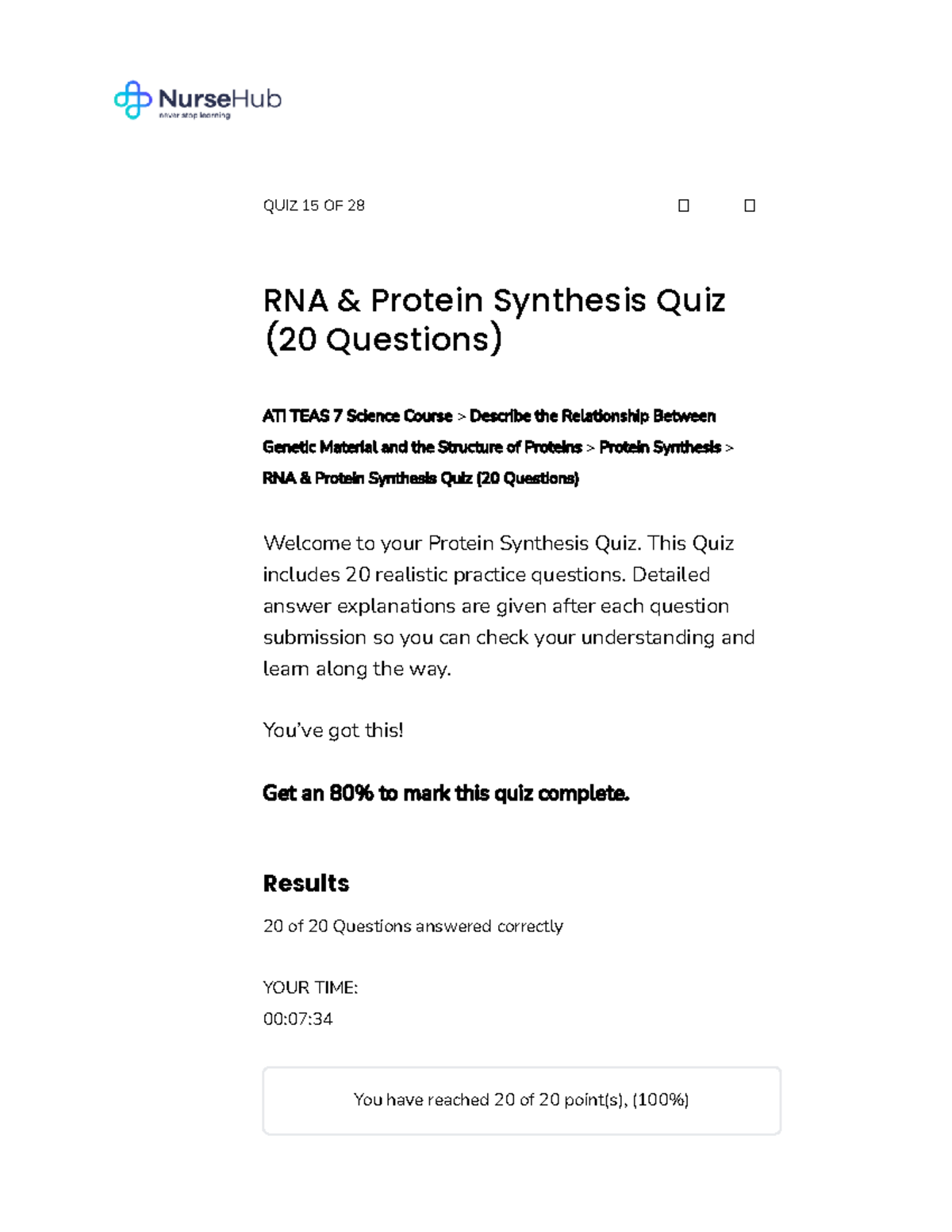RNA & Protein Synthesis Quiz Nurse Hub - ATI TEAS 7 Science Course ...