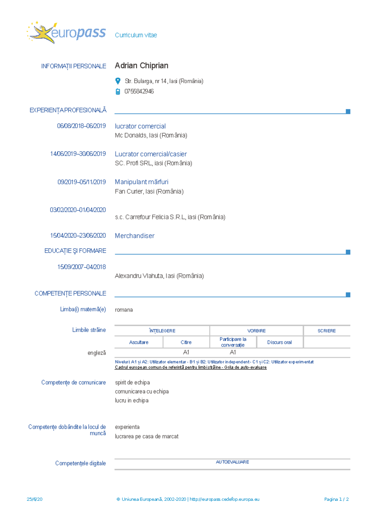 CV Europass 202006 25 Chiprian RO - Curriculum vitae INFORMAŢII ...