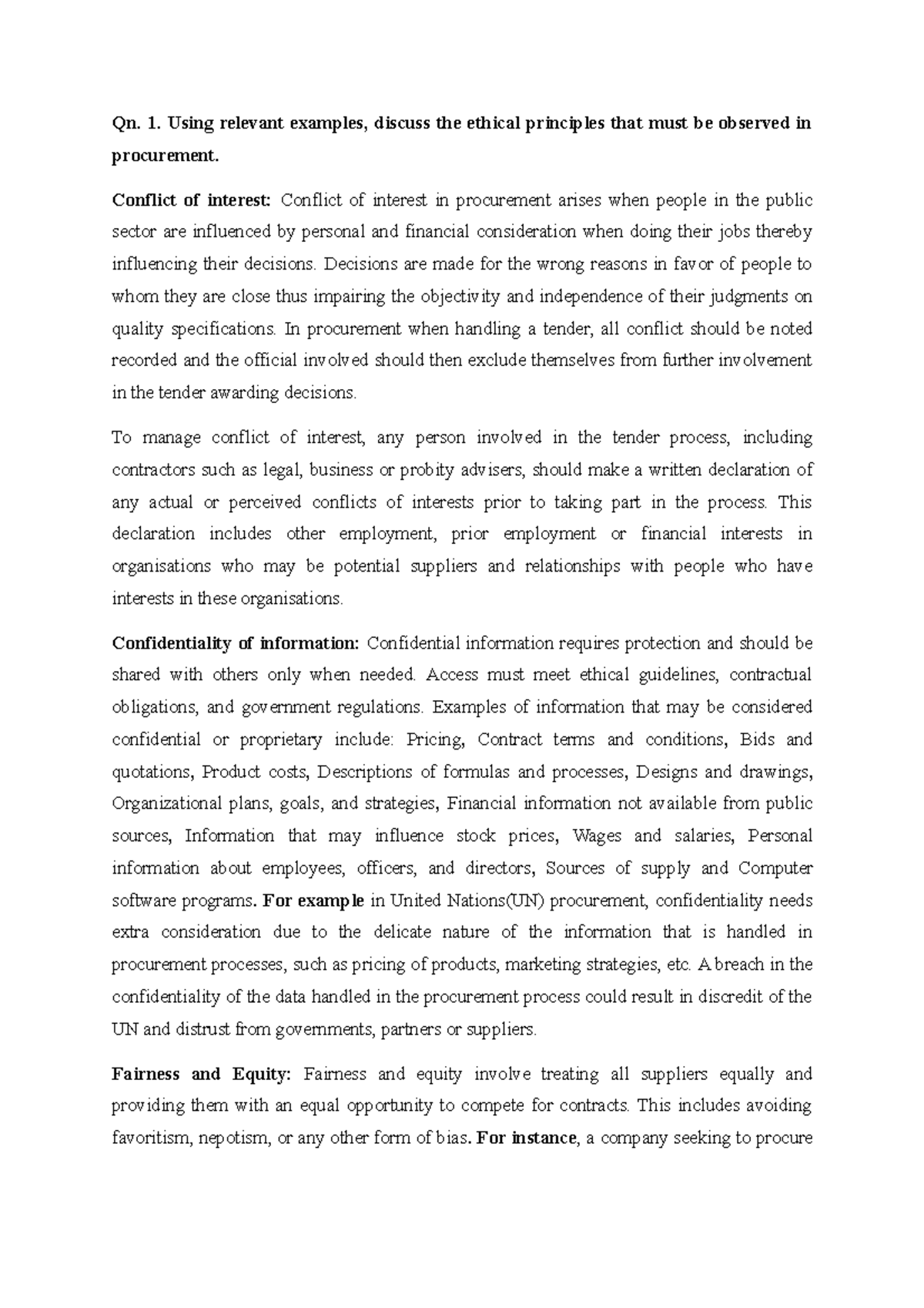 Using relevant examples, discuss the ethical principles that must be observed in procurement ...