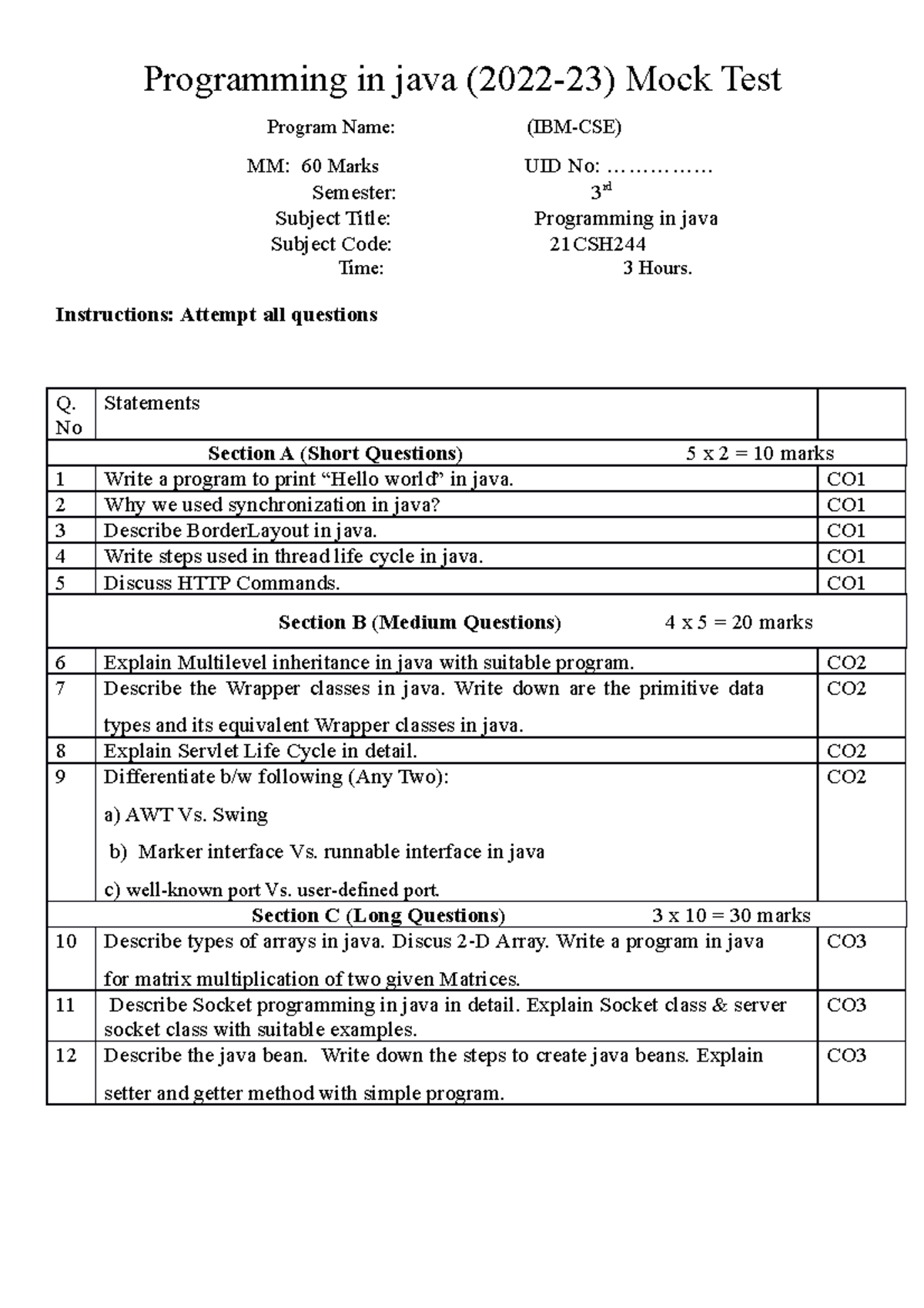 21CSH-244 - Programming in java (2022-23) Mock Test Program Name: (IBM ...