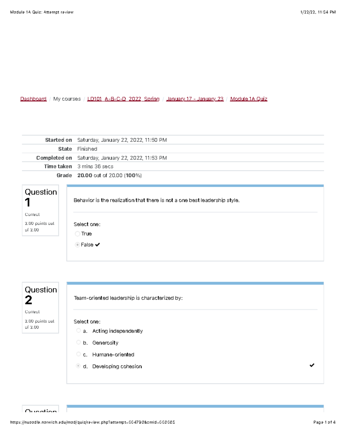 Module 1A Quiz 10:10 - Quiz - Question 1 Correct 2 points out of 2 ...