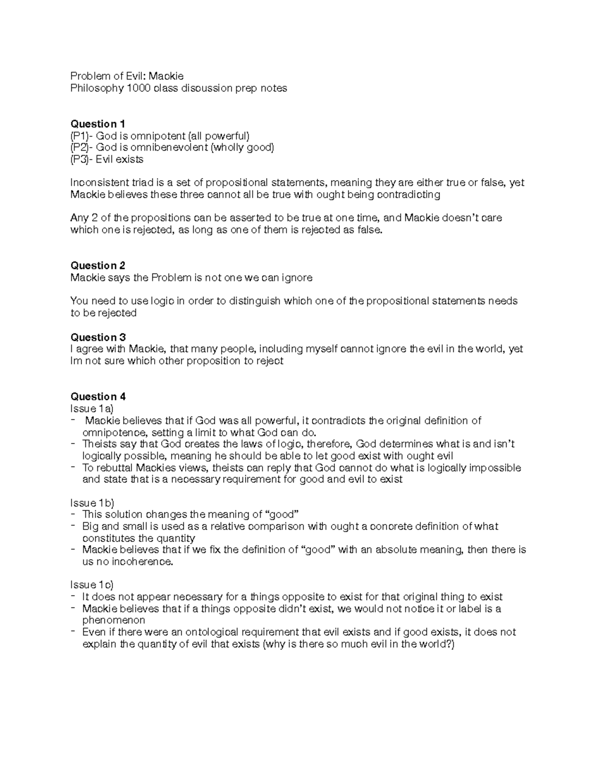 Problem of Evil Class prep notes - Problem of Evil: Mackie Philosophy ...