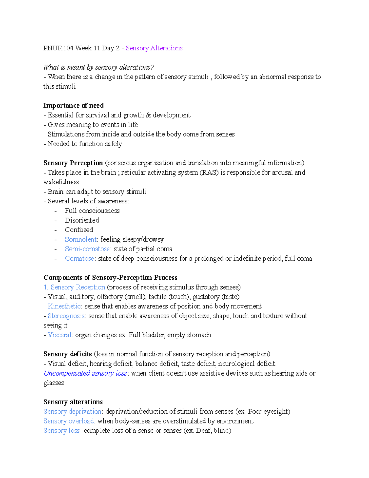 Week 11 Day 2 - Sensory Alterations - PNUR104 Week 11 Day 2 - Sensory ...