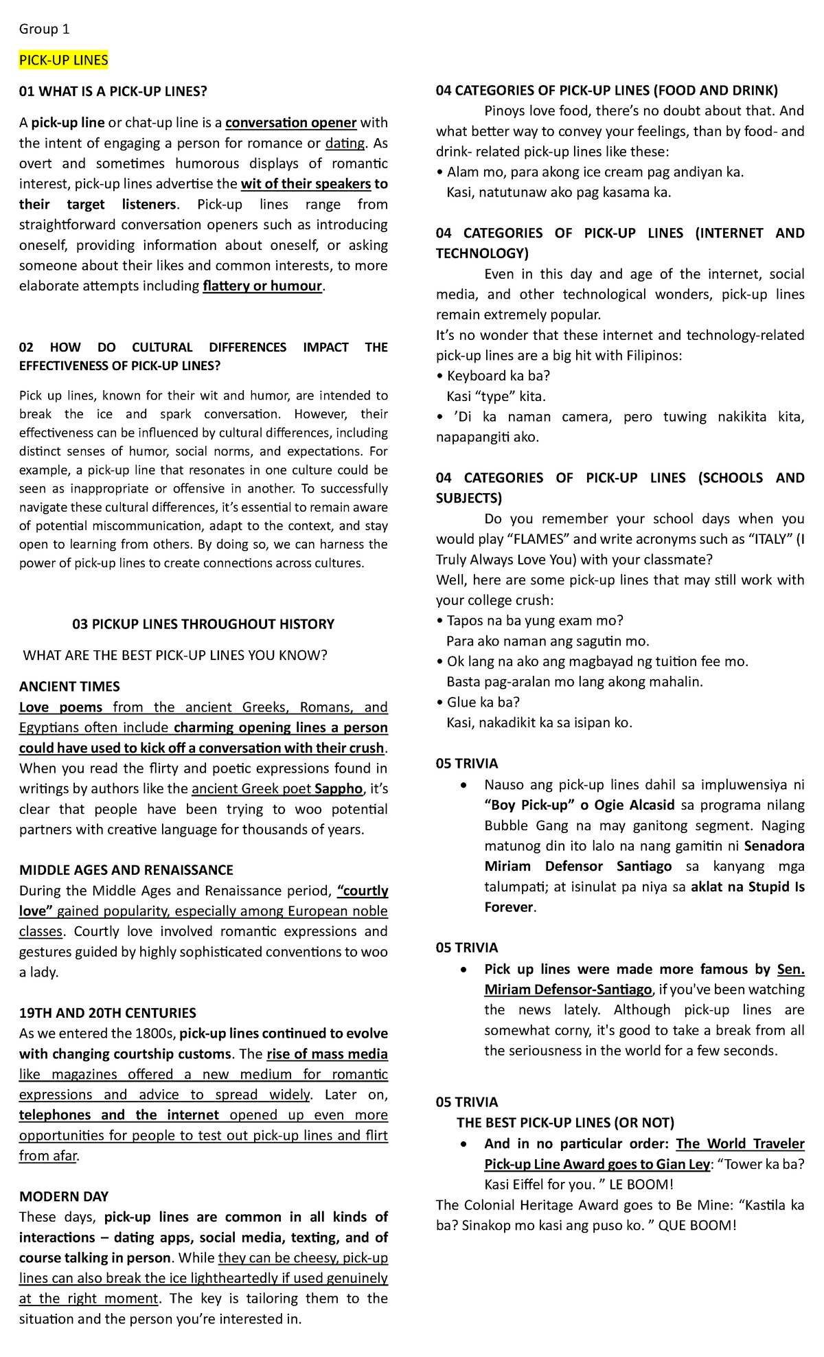PPC- Reviewer- Midterm - Group 1 PICK-UP LINES 01 WHAT IS A PICK-UP LINES? A pick-up line or ...