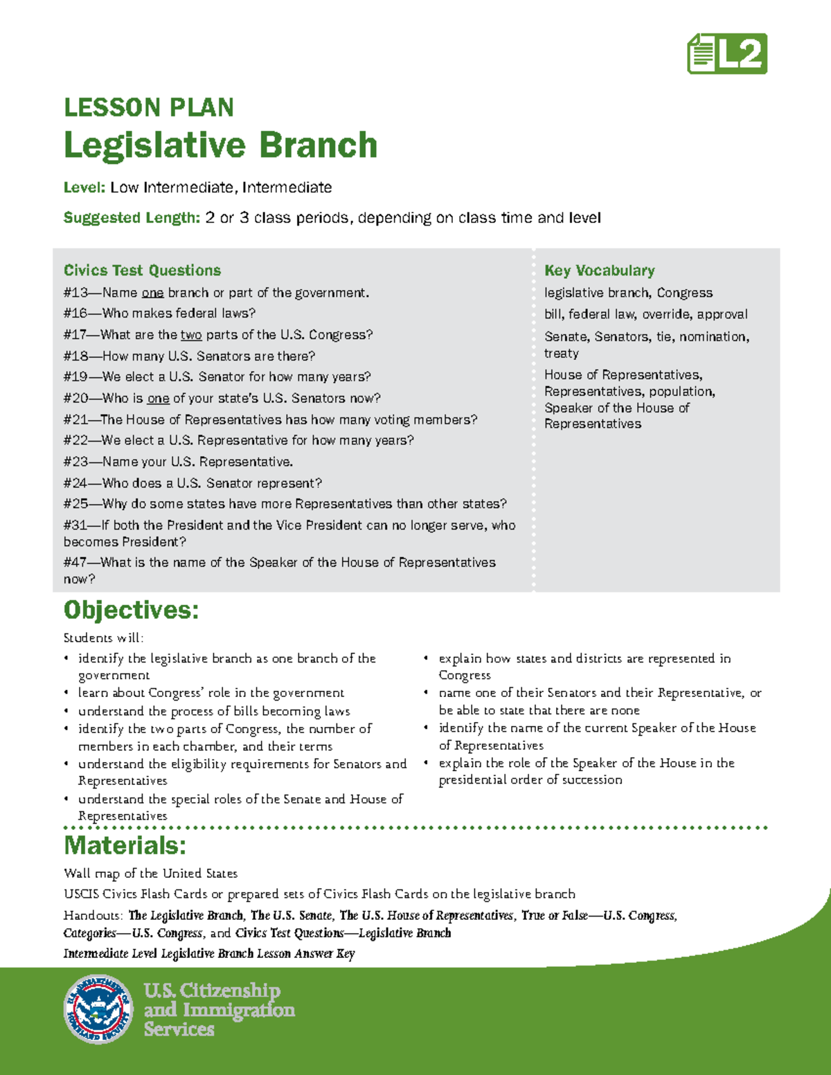 Intermediate Legislative Branch lesson plan - Intermediate Level ...