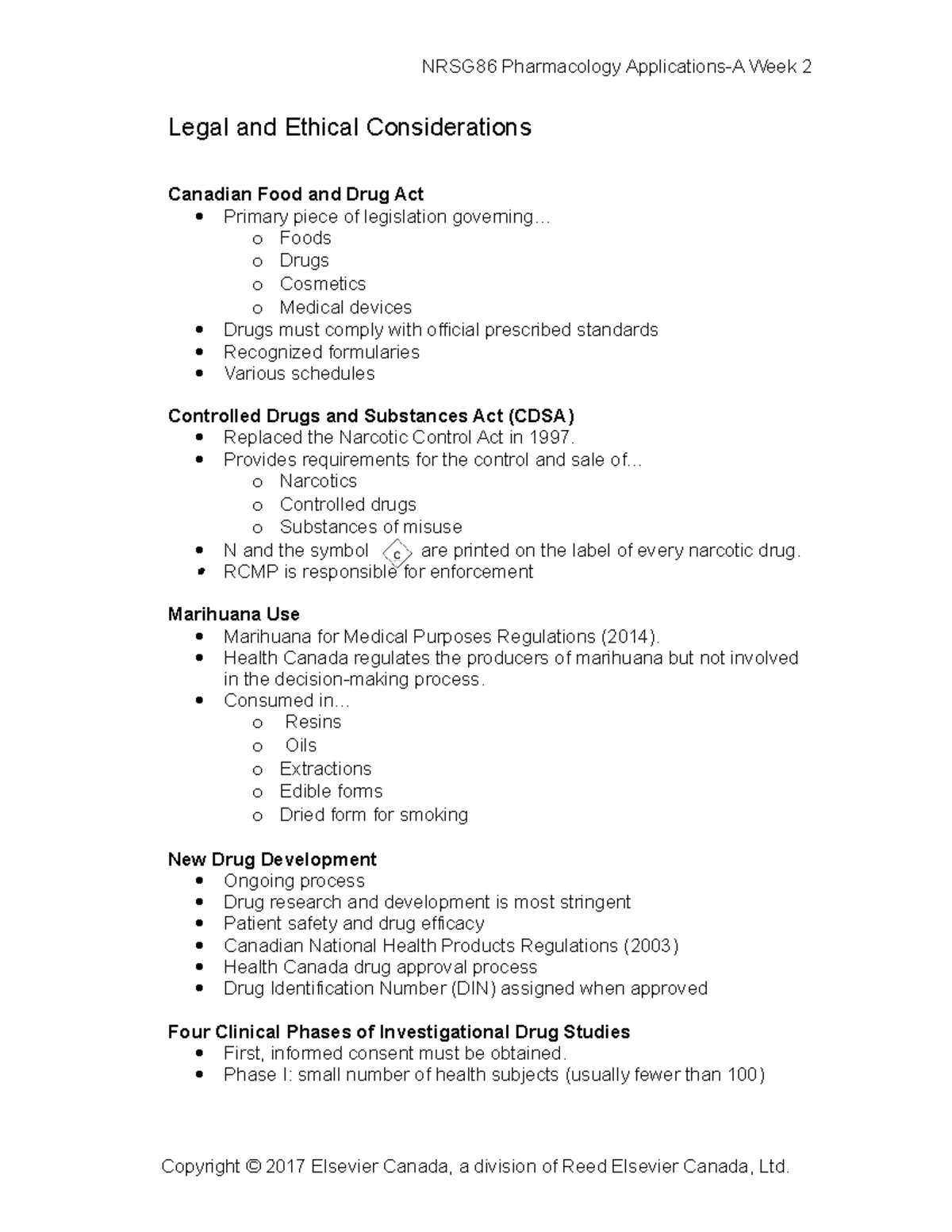 NRSG86 Week 2 Student Notes - Legal and Ethical Considerations Canadian ...