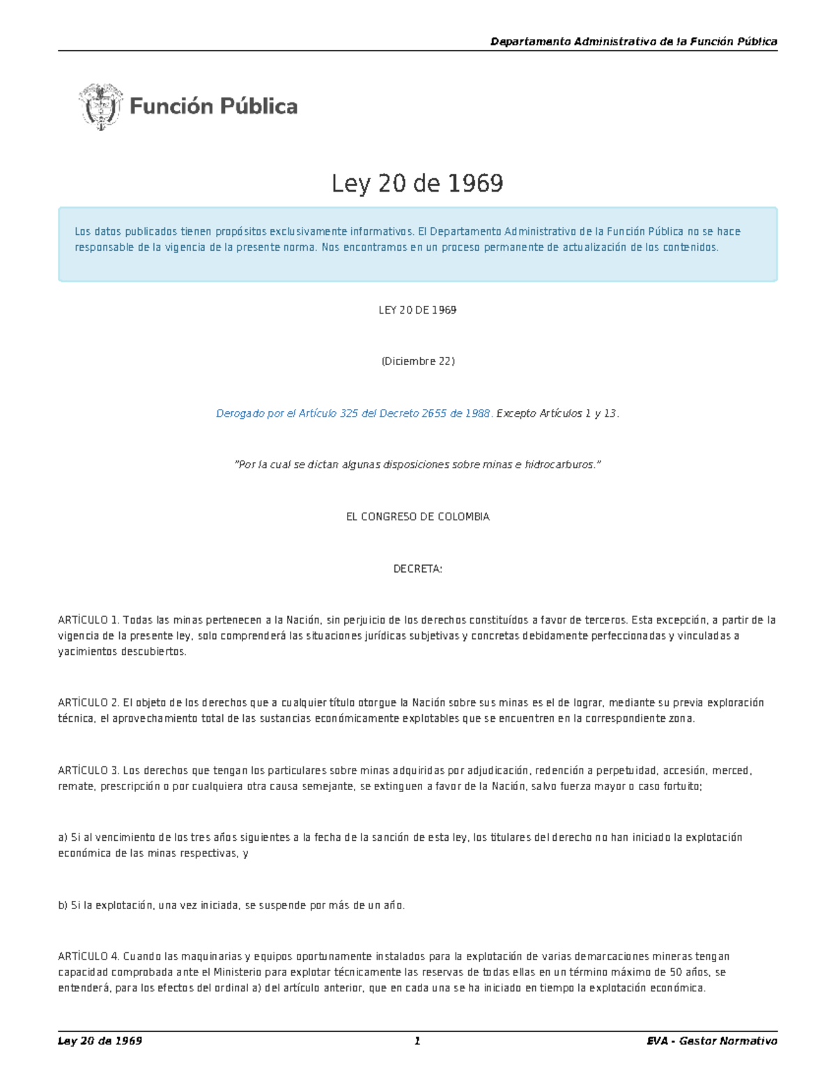 Ley 20 de 1969 - ley vigente - Ley 20 de 1969 Los datos publicados ...
