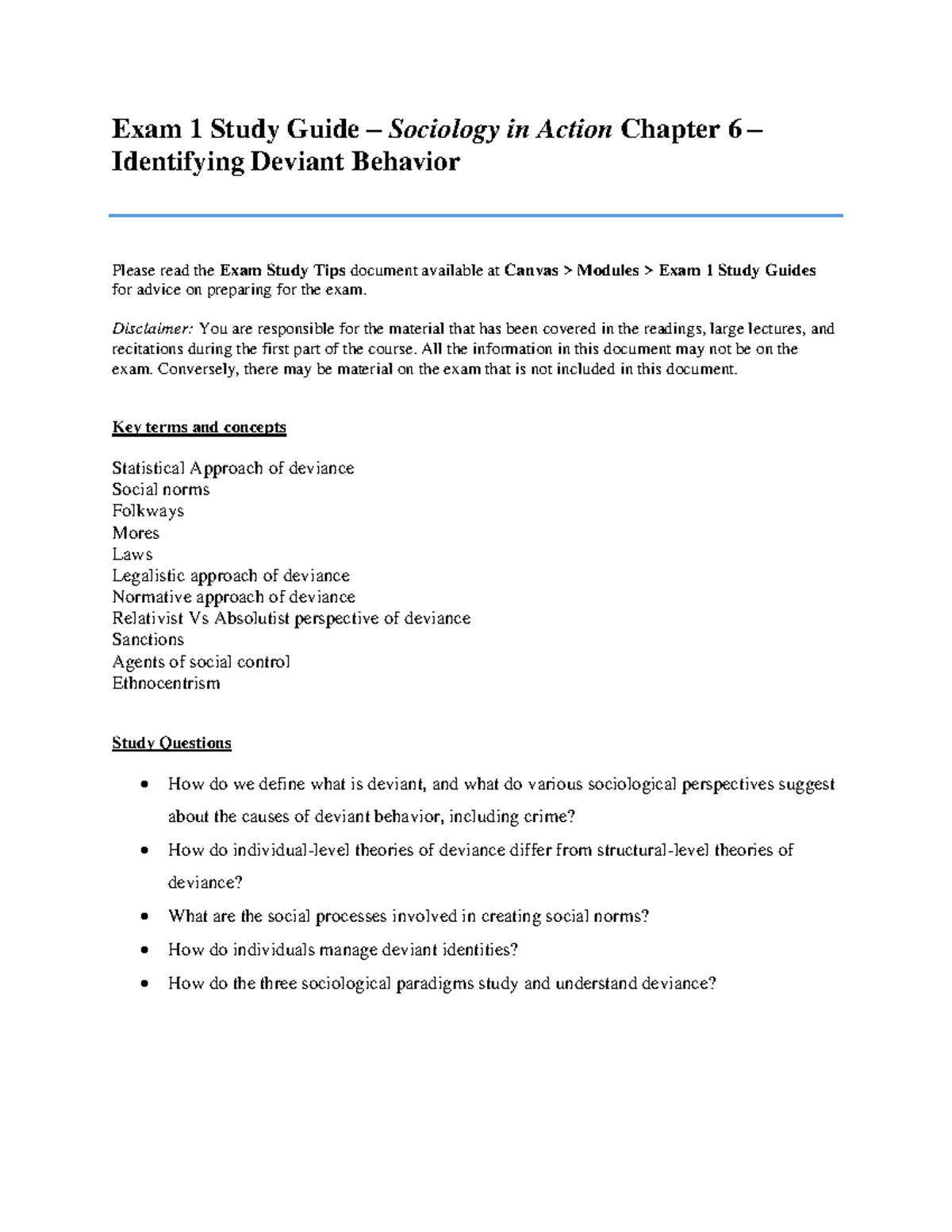 Exam1 Study Guide chap6 - Exam 1 Study Guide – Sociology in Action ...
