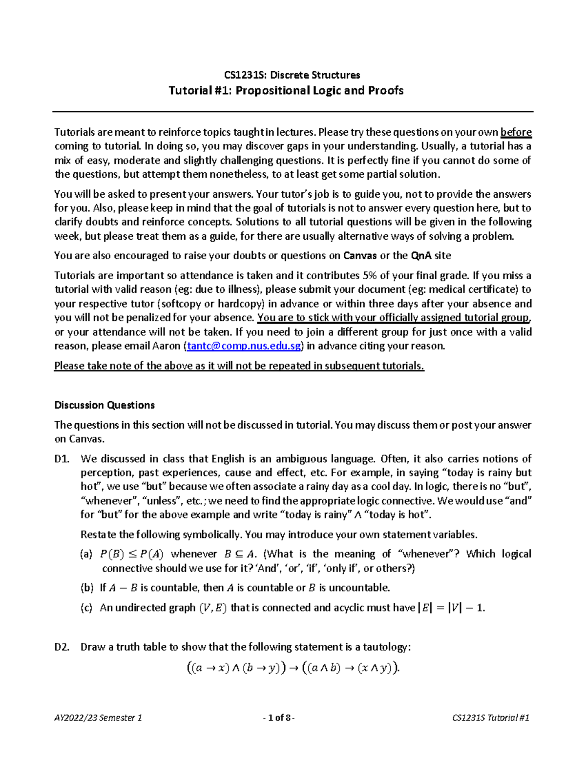 Tut01qns Questions For Cs1231s Tutorial 1 Ay 2223 Sem 1 Cs1231s Discrete Structures