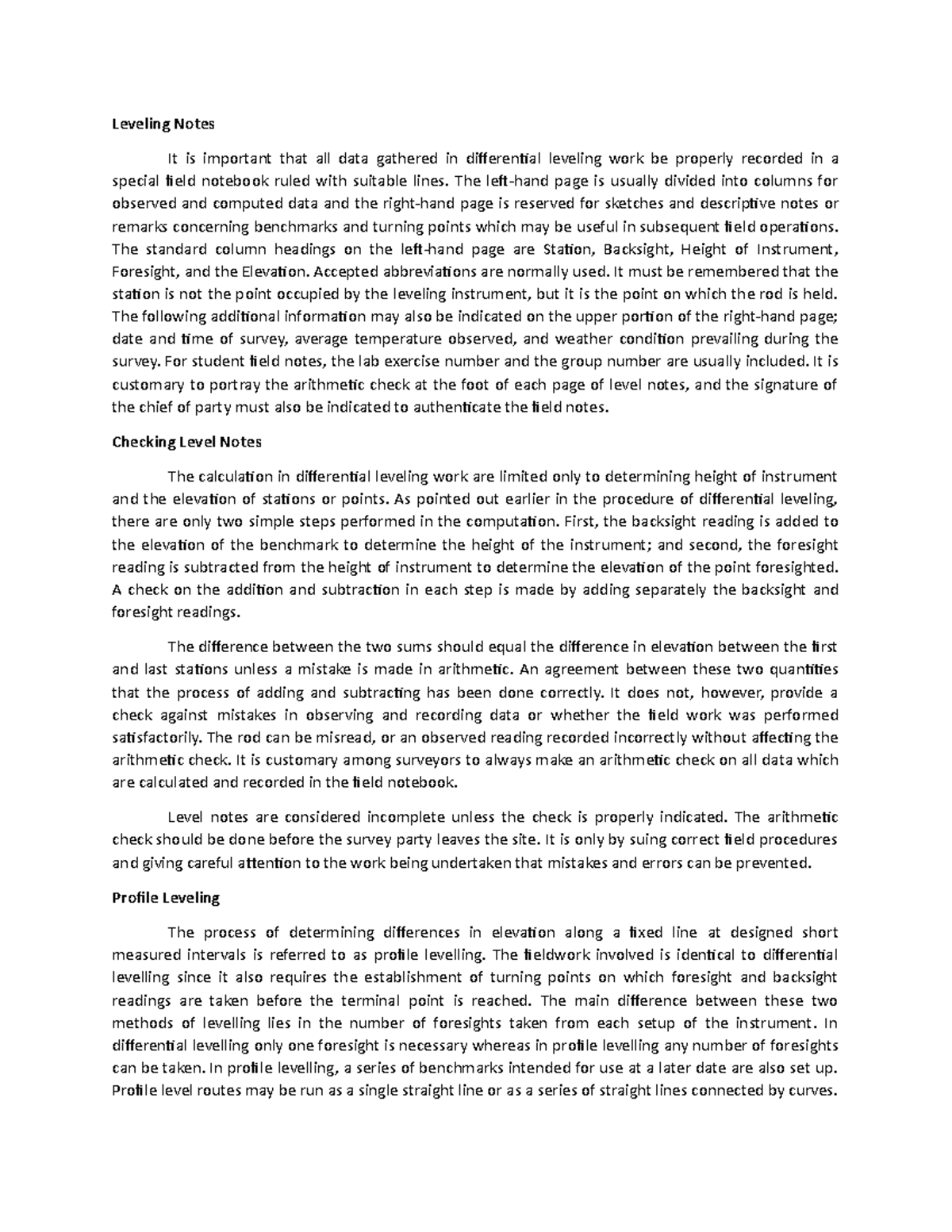 Leveling Notes - The left-hand page is usually divided into columns for ...