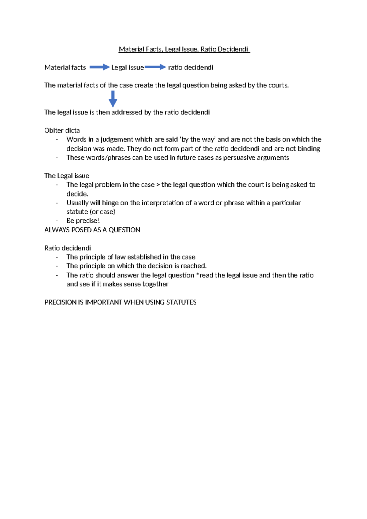 Lecture 5- Material facts, legal issue, ratio decidendi - Material ...