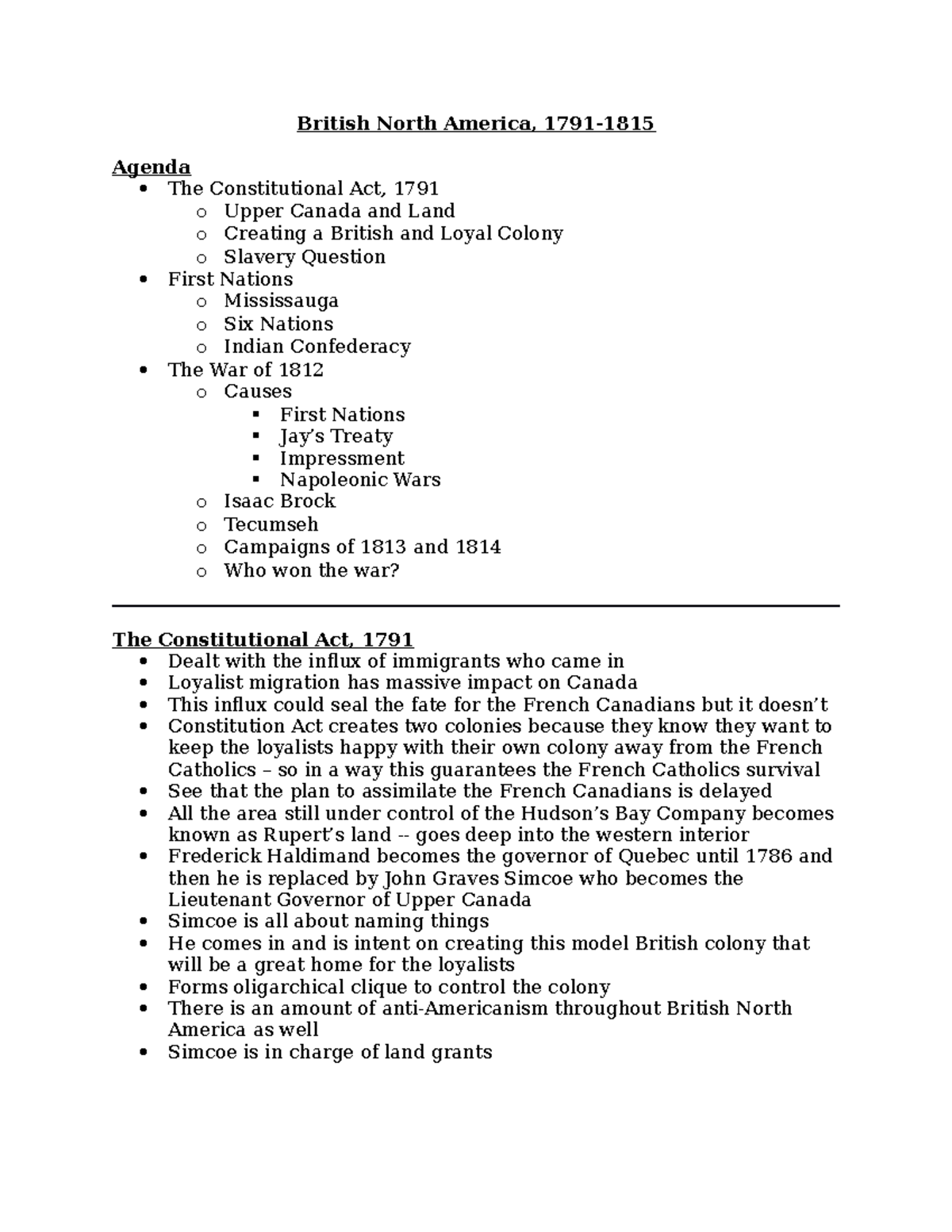 British North America 1791-1815 - British North America, 1791- Agenda ...