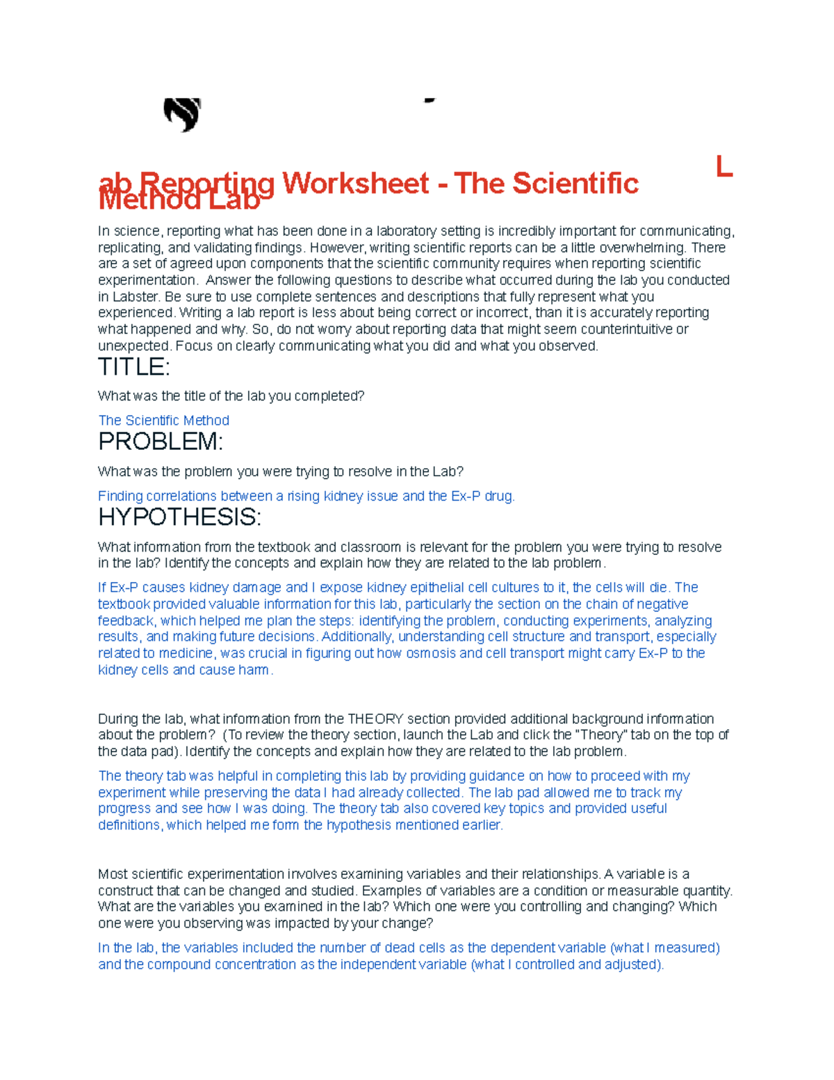 Bio290 v3 wk1 the scientific method lab report - L ab Reporting ...