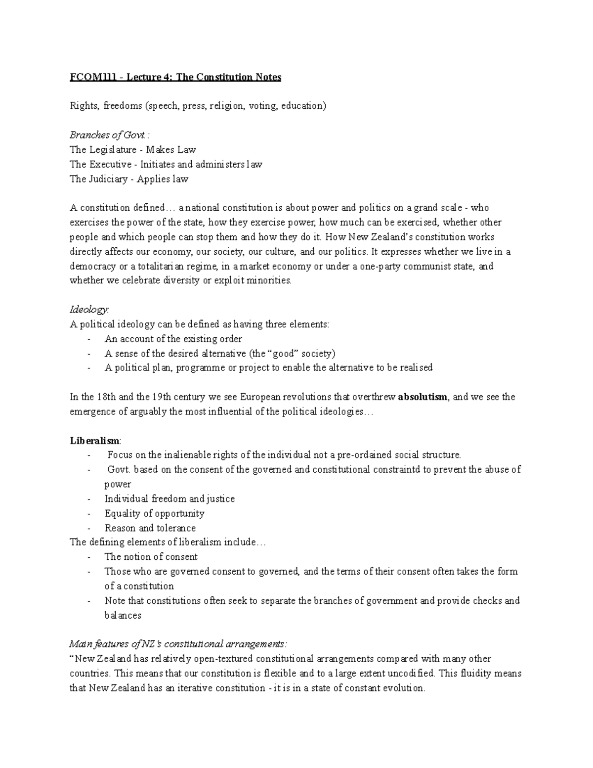 Lecture 4 The Constitution Notes - FCOM111 - Lecture 4: The ...