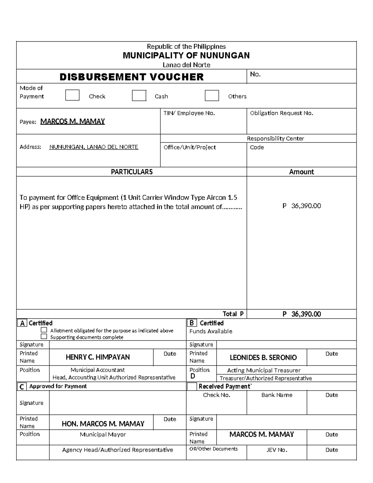 Disbursement Voucher - Republic of the Philippines MUNICIPALITY OF ...
