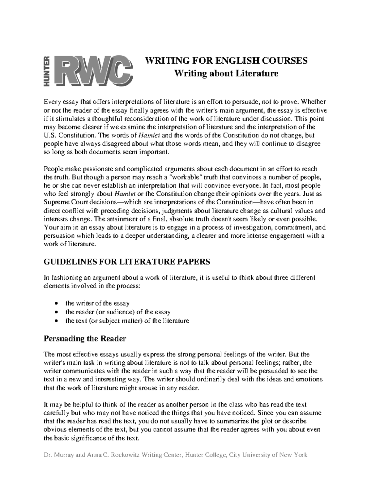 Writing about Literature - WRITING FOR ENGLISH COURSES Writing about ...