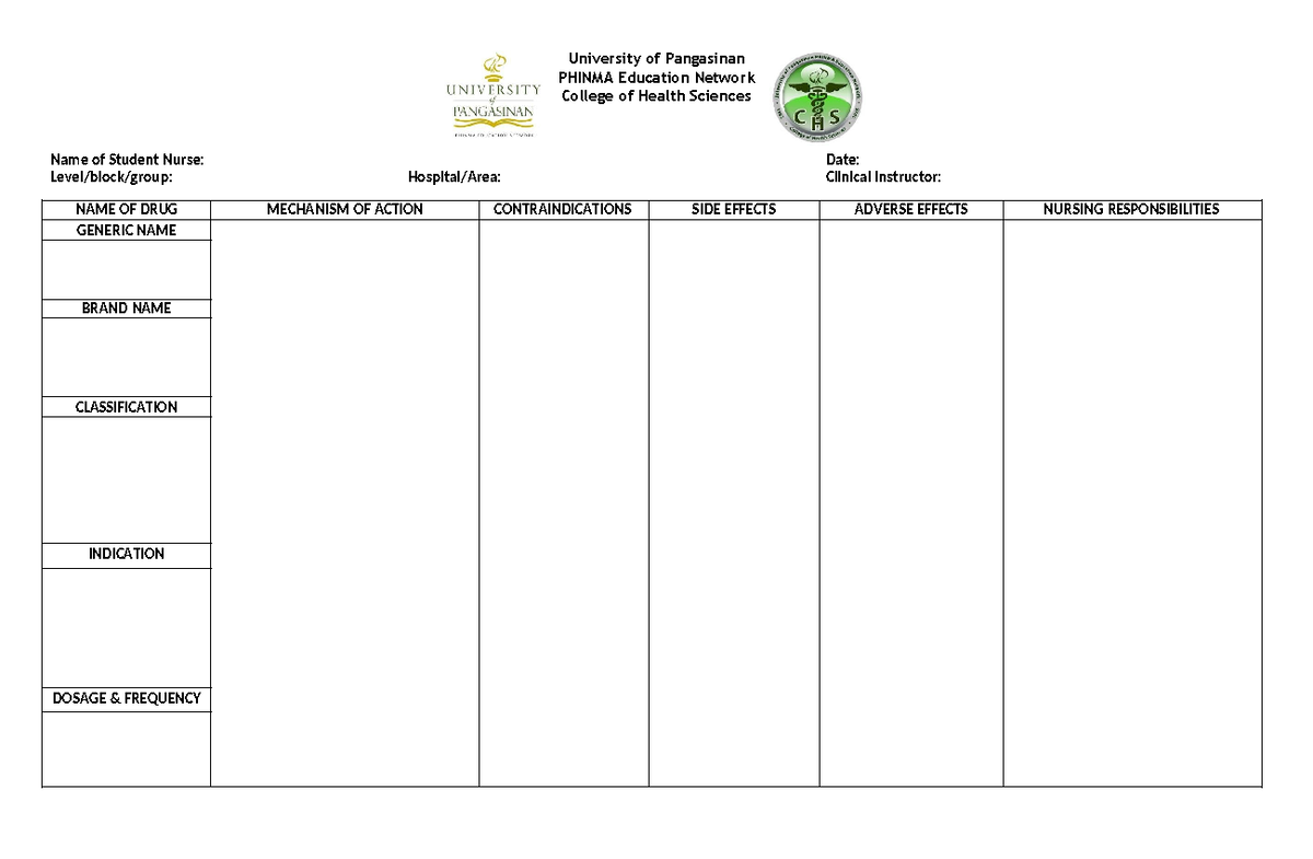 Drug study template - bs nursing - University of Pangasinan PHINMA ...
