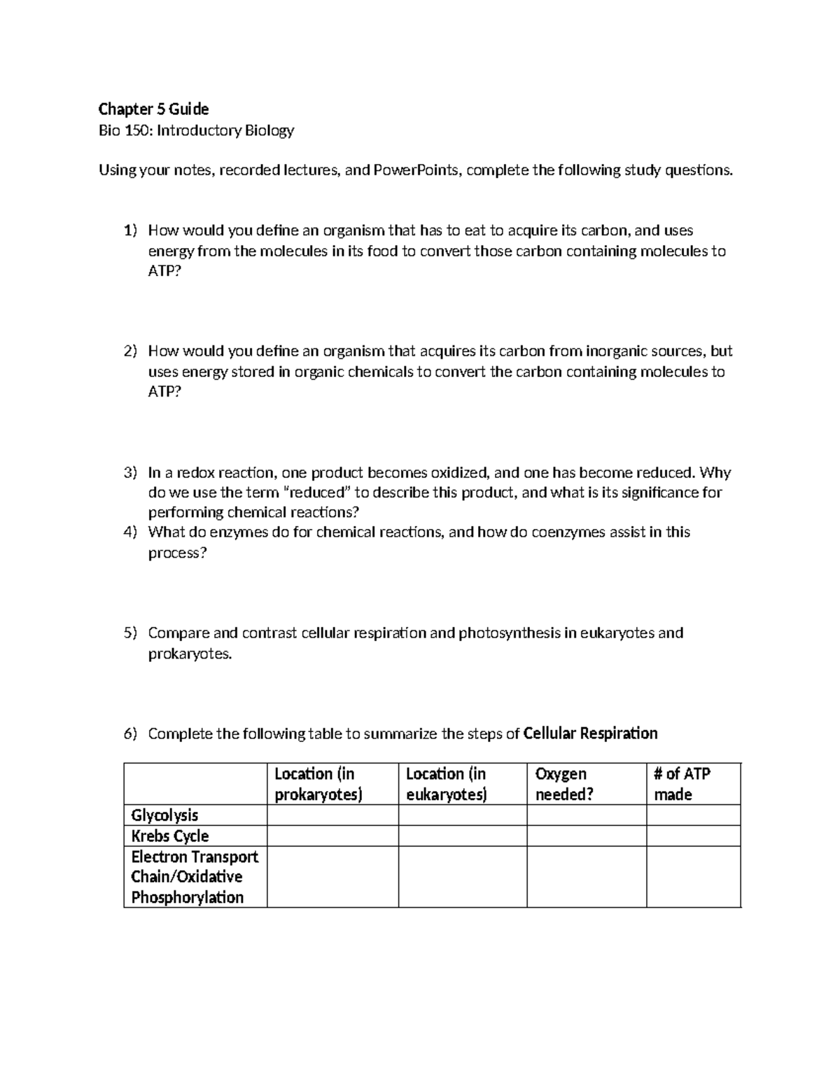 Bio 150 - Ch 5 Guide - Chapter 5 Guide Bio 150: Introductory Biology ...