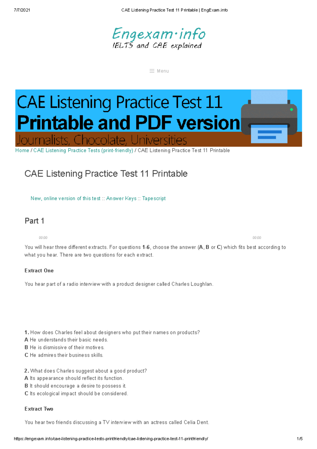 CAE Listening Practice Test 11 Printable Eng Exam - For questions 1-6 ...