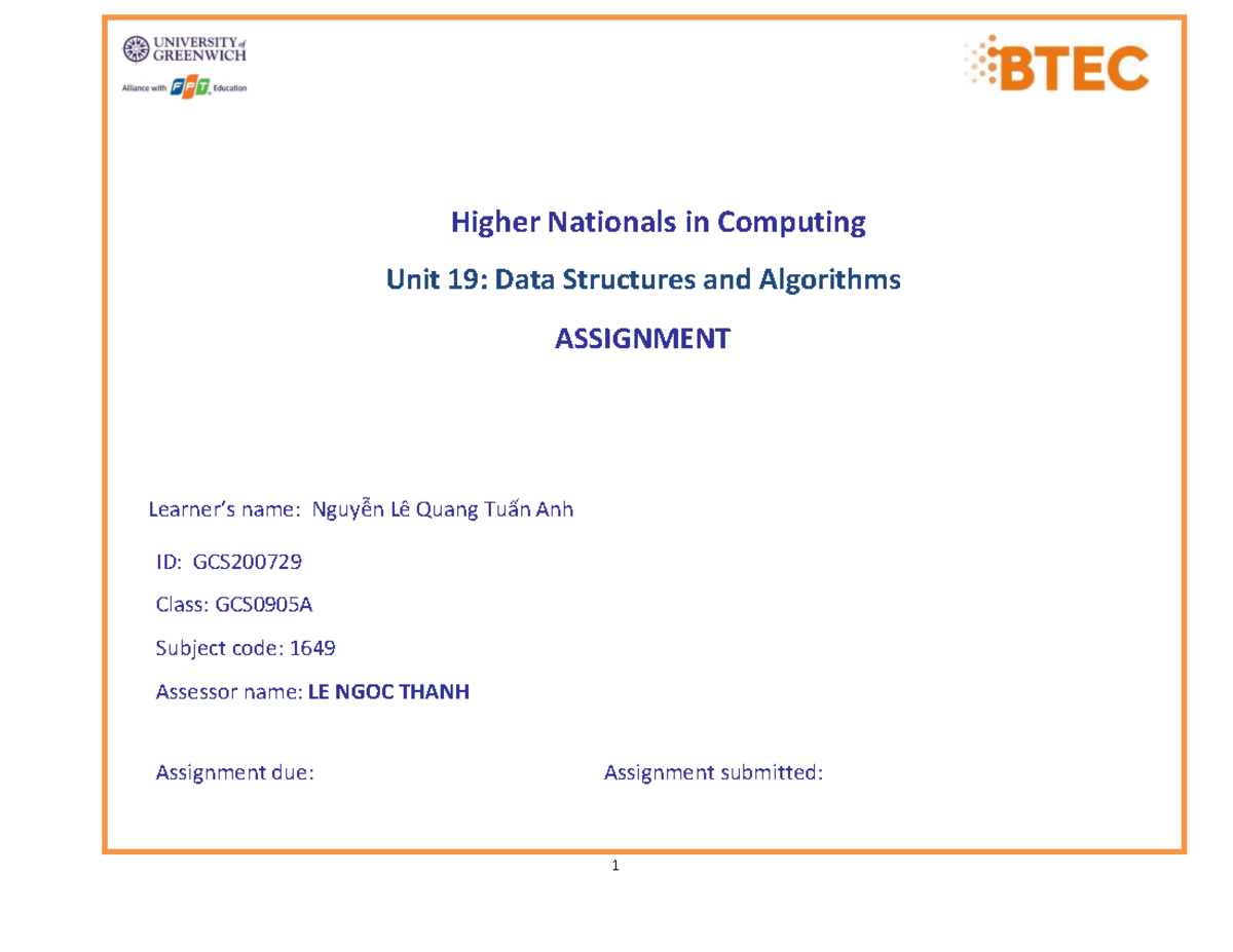 1649 GCS2007 29 Nguyen Le Quang Tuan Anh Assignment 2 - Higher Nationals in Computing Unit 19 ...