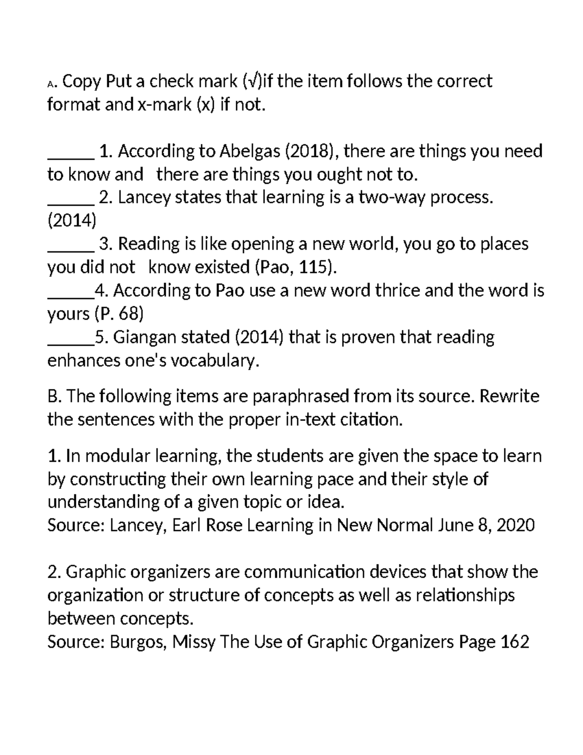 Gr.8.Worksheet-Citing Sources - A. Copy Put a check mark (√)if the item ...