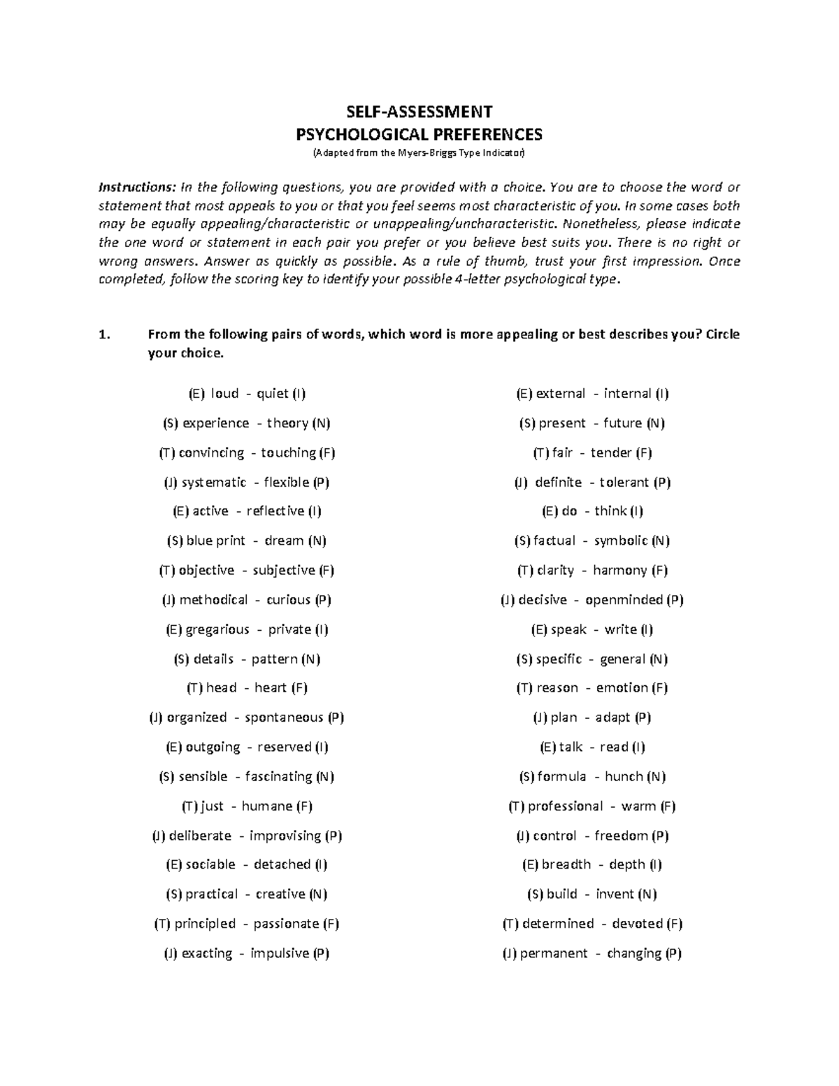 MBTI - Self-Assessment - SELF-ASSESSMENT PSYCHOLOGICAL PREFERENCES ...
