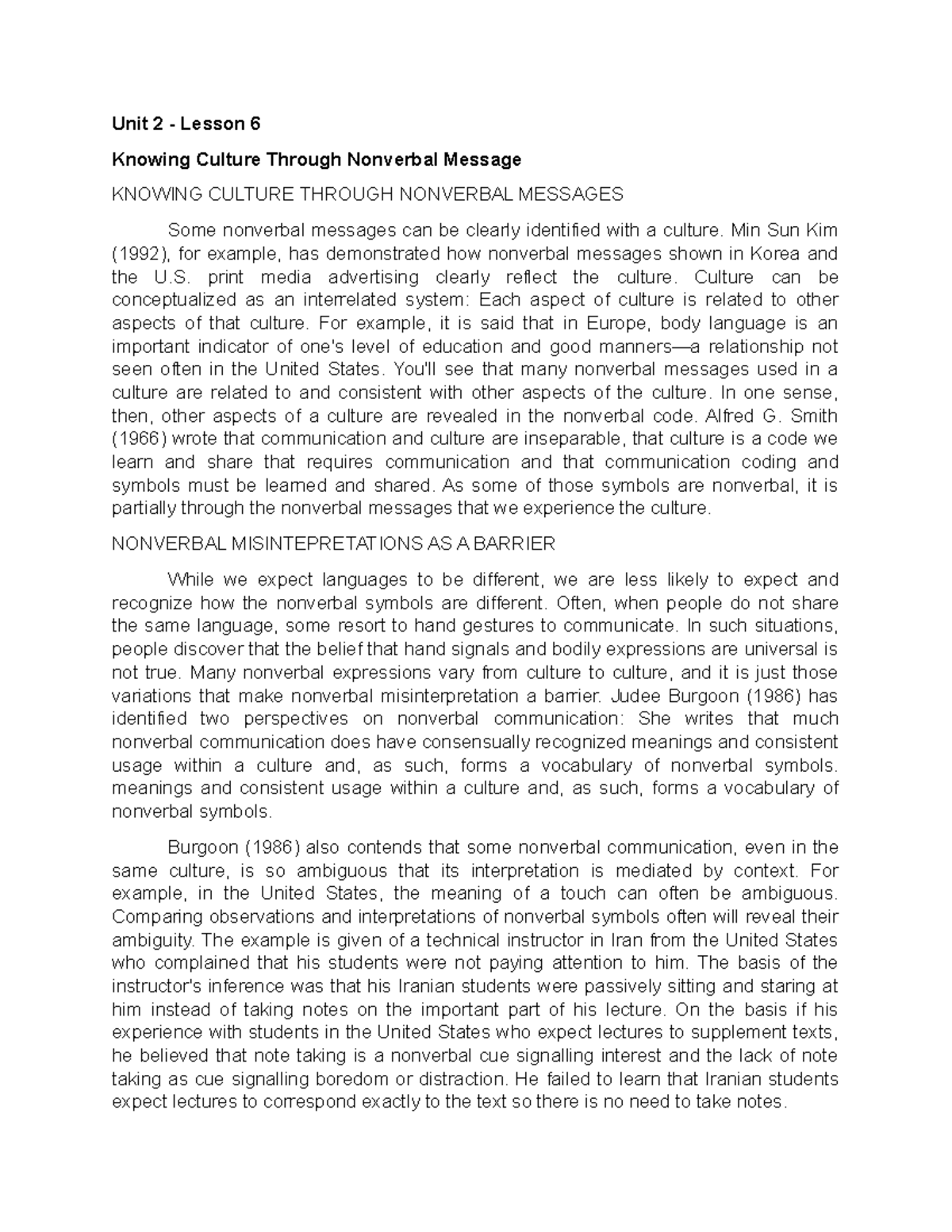 Knowing Culture Through Nonverbal Message - Unit 2 - Lesson 6 Knowing ...