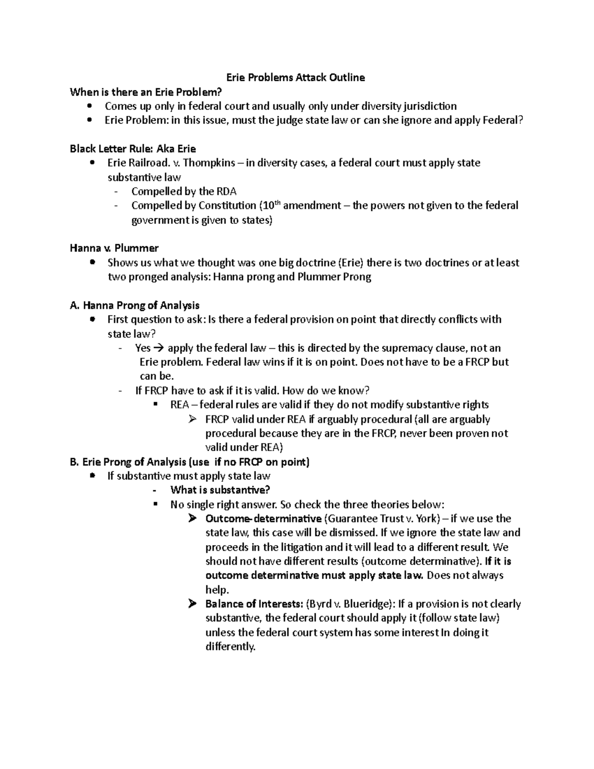 Erie Problems Attack Outline - v. Thompkins – in diversity cases, a ...
