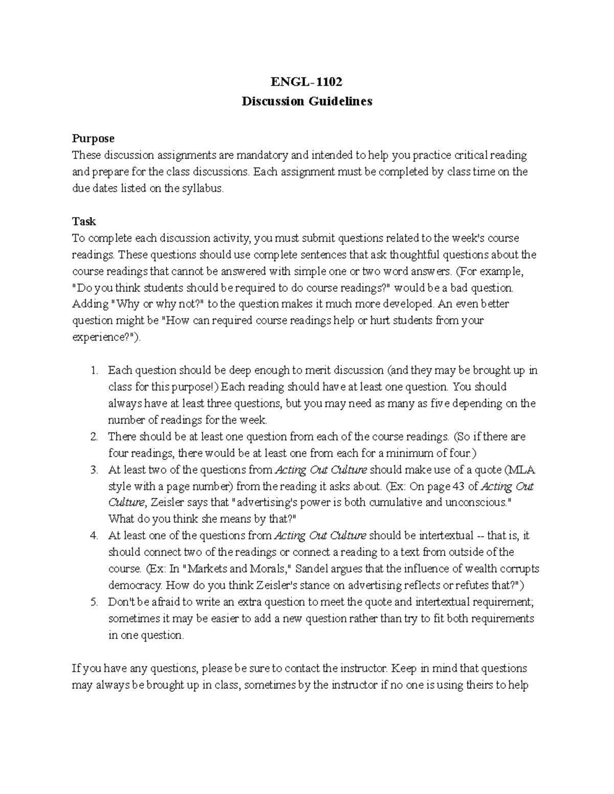 Discussion Guidelines - ENGL- Discussion Guidelines Purpose These ...