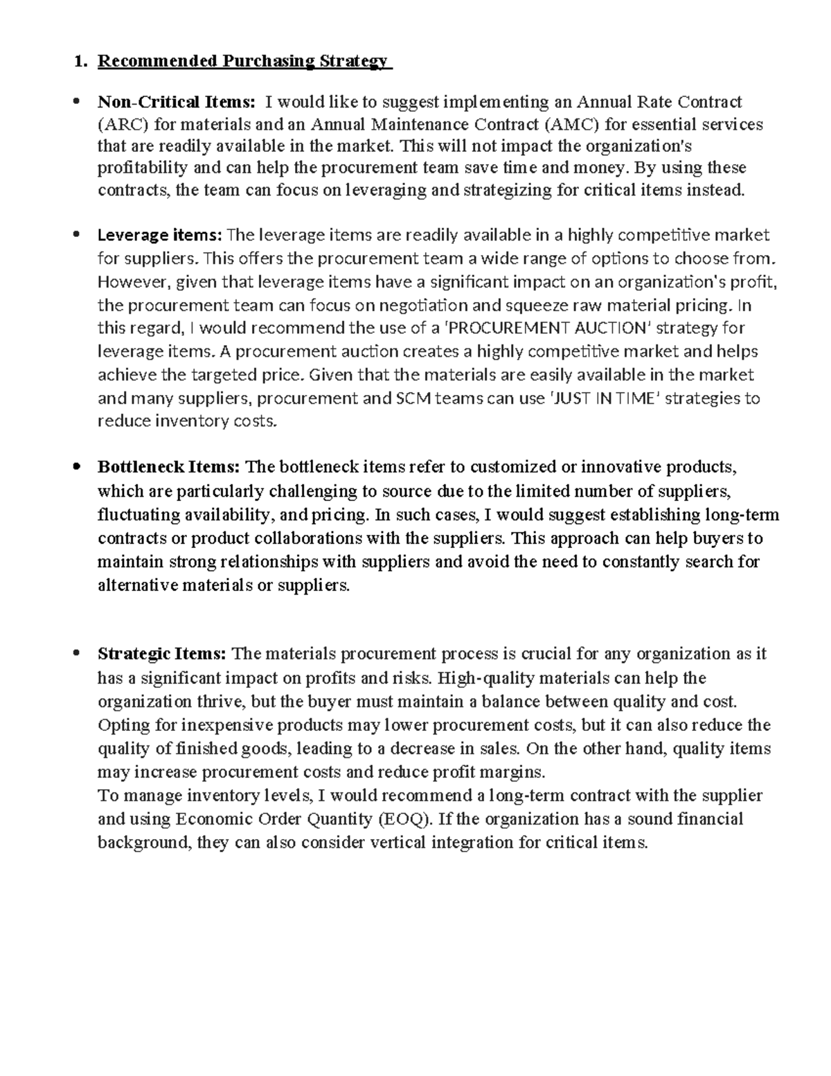 Assignment 2 Kraljic model - Recommended Purchasing Strategy Non ...