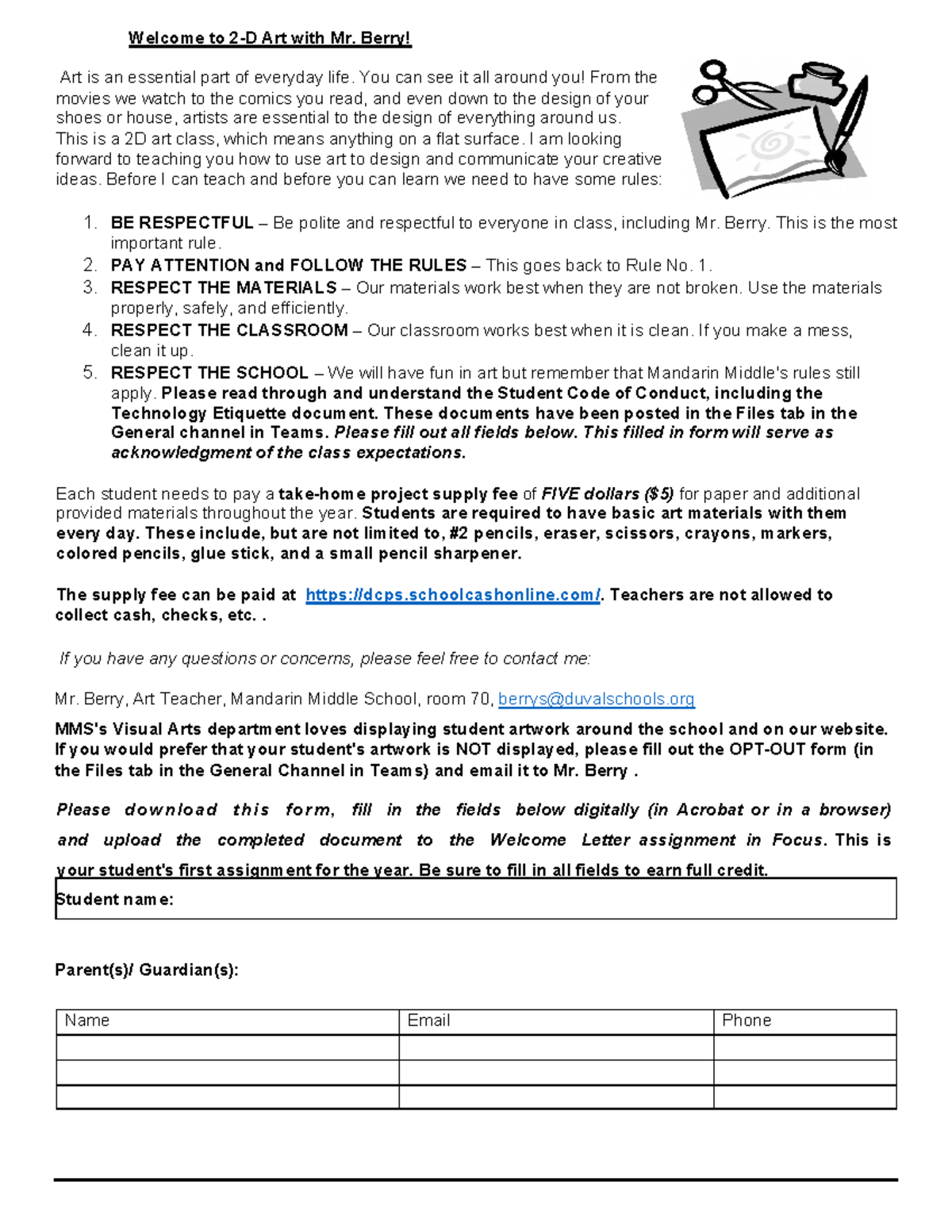 Spberry ART Welcome Letter Supply Fee Fill Form - Welcome to 2-D Art ...