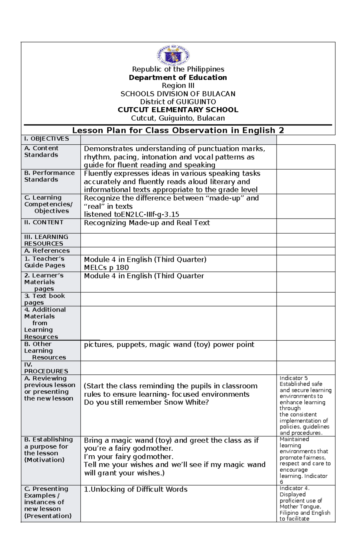 COT LP in English Quarter 3 module 4 2024 - Republic of the Philippines Department of Education ...