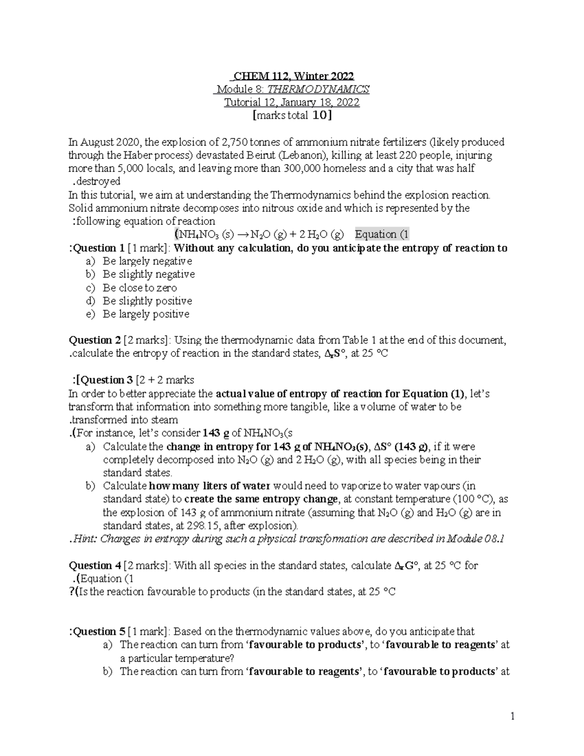 Tutorial 12 questions for Semester 2 - CHEM 112, Winter 2022 Module 8 ...