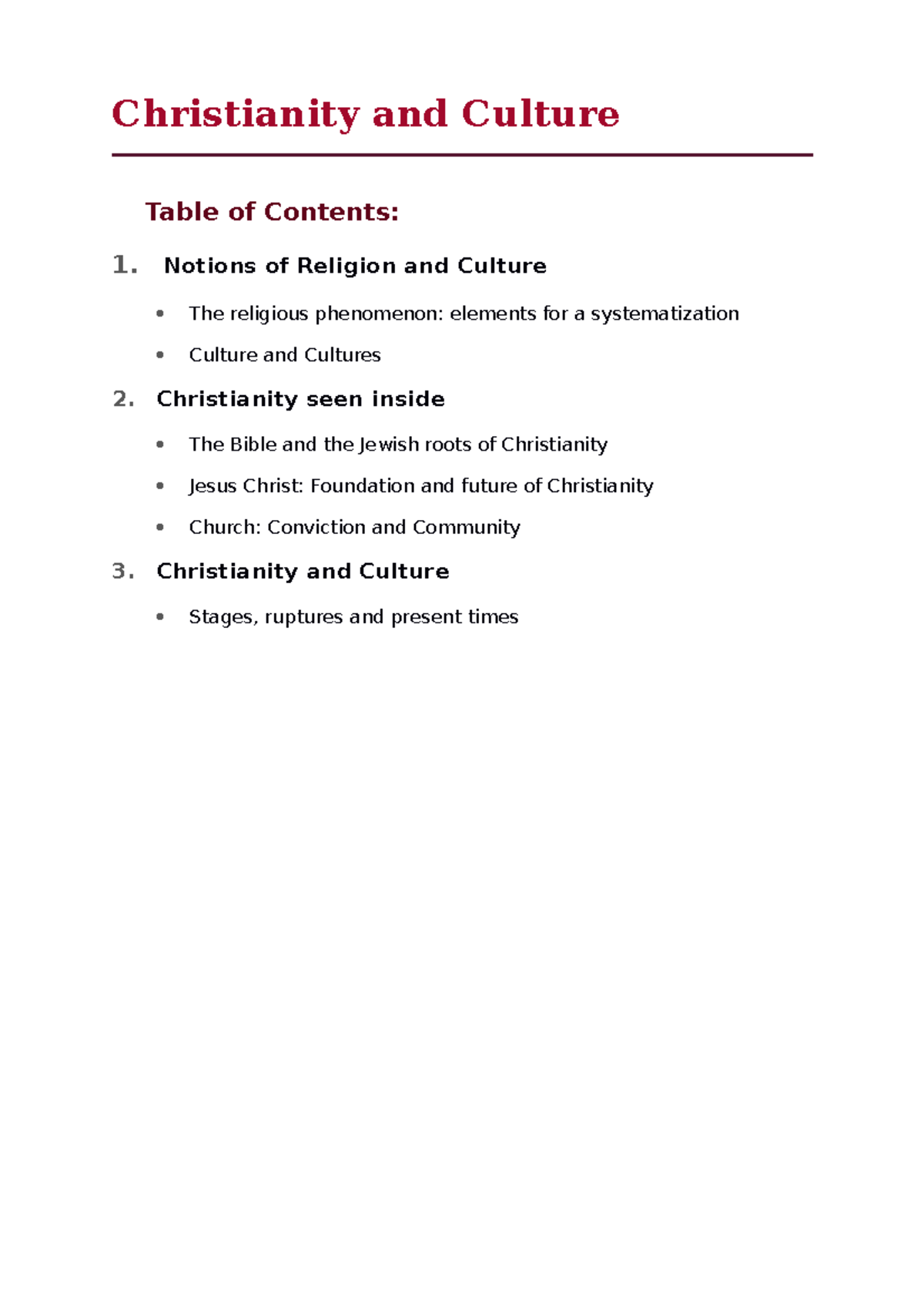 Christianity and Culture Notes - Christianity and Culture Table of ...