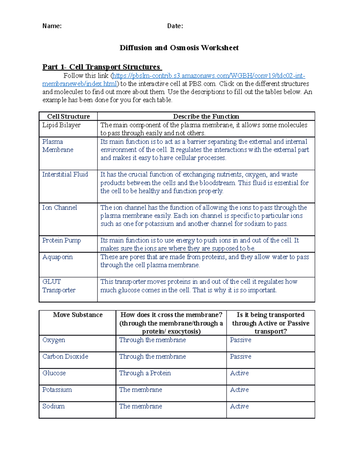 Diffusion and Osmosis worksheet - Name: Date: Diffusion and Osmosis ...