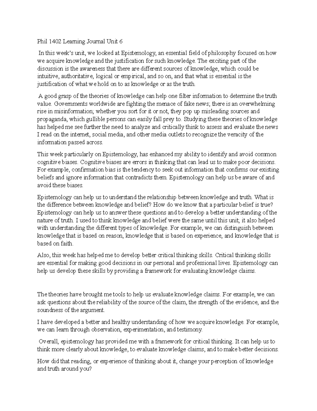 Phil 1402 Learning Journal Unit 6 - Phil 1402 Learning Journal Unit 6 In this week’s unit, we ...