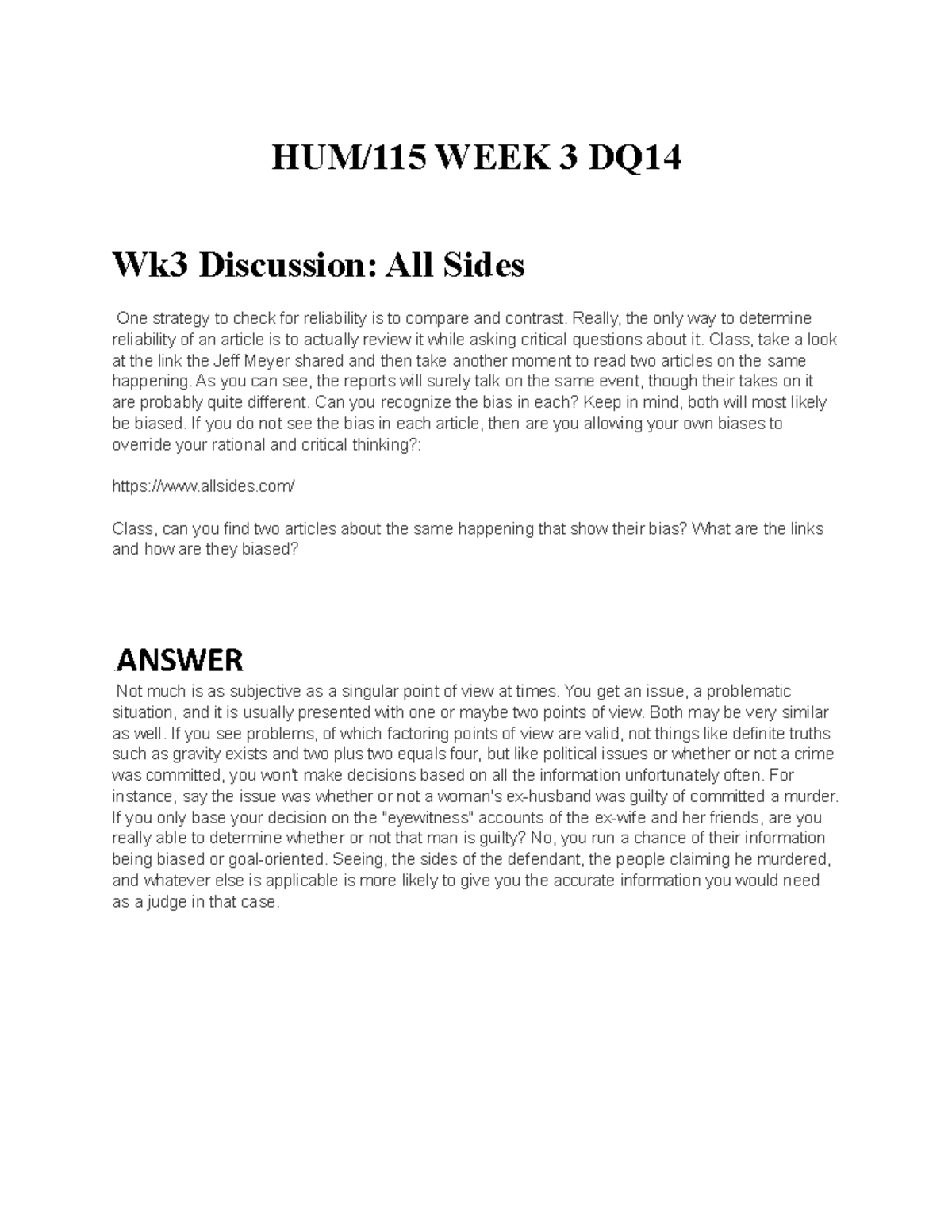 HUM115 DQ14 WEEK3 - Class discussion questions for participation points ...