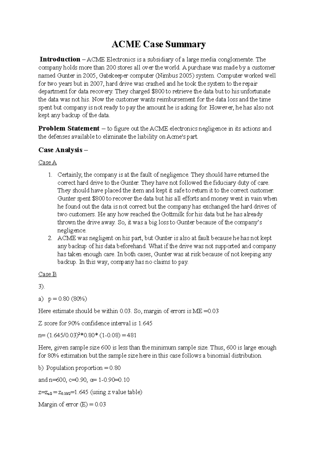 ACME Case Summary by Simranjeet Kaur(218345694) - ACME Case Summary Introduction – ACME ...