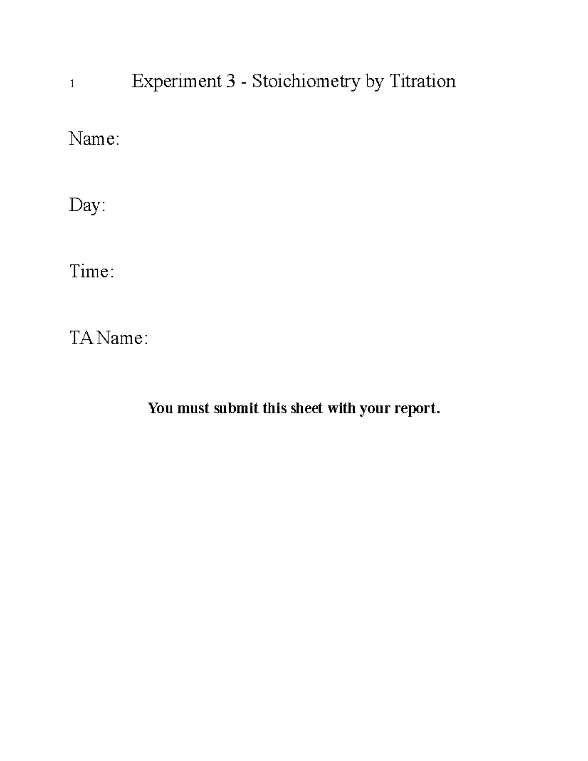 Stoichiometry by Titration Report Template - 1 Experiment 3 ...
