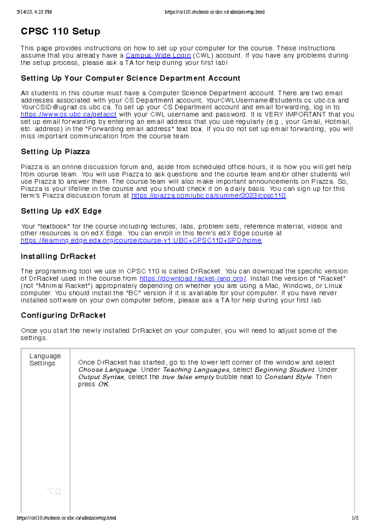 Setup - Setting up Dr.Racket - 5/14/23, 4:23 PM cs110.students.cs.ubc/admin/setup.html - Studocu