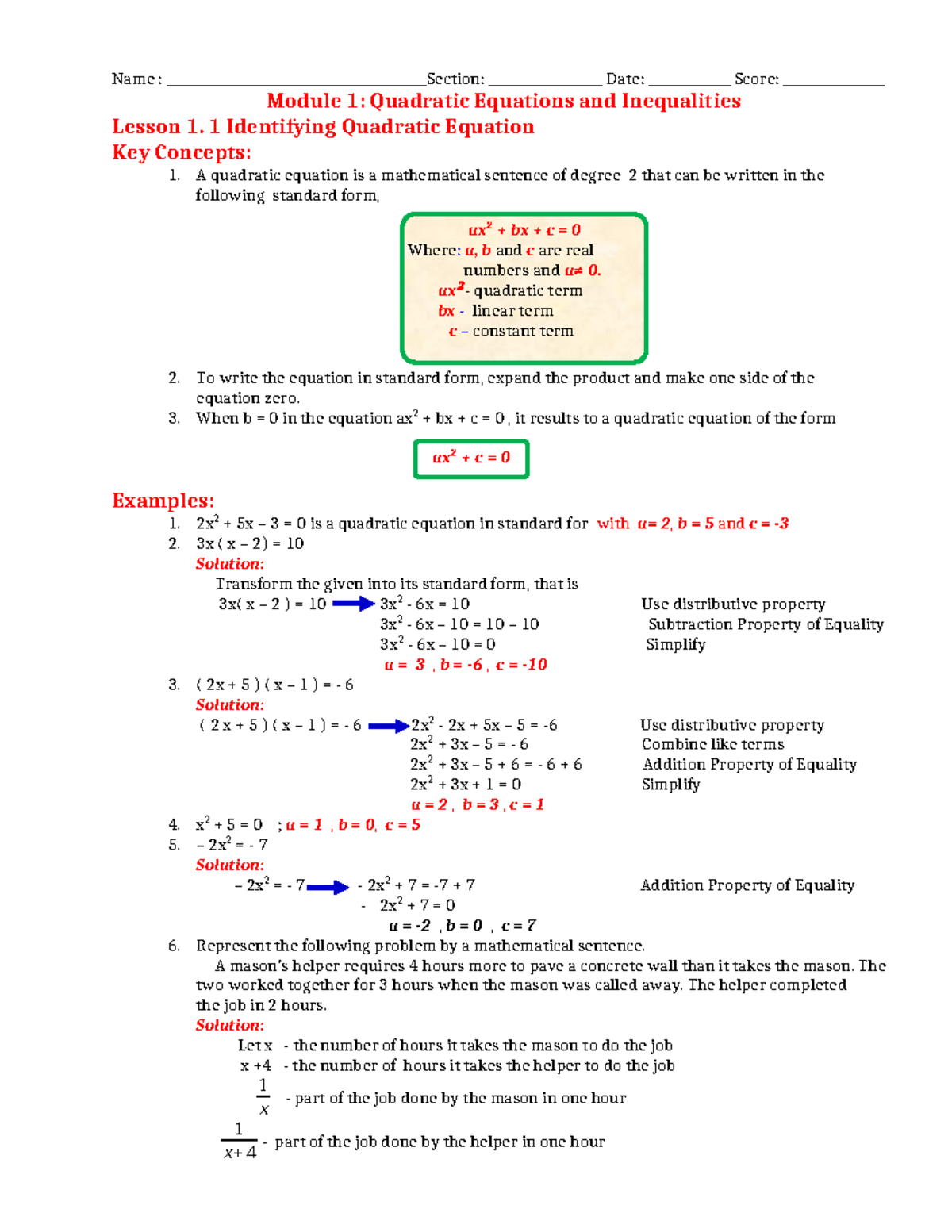 Lesson 1.1Identifying Quaratic Equation - Copy - Name : - Studocu