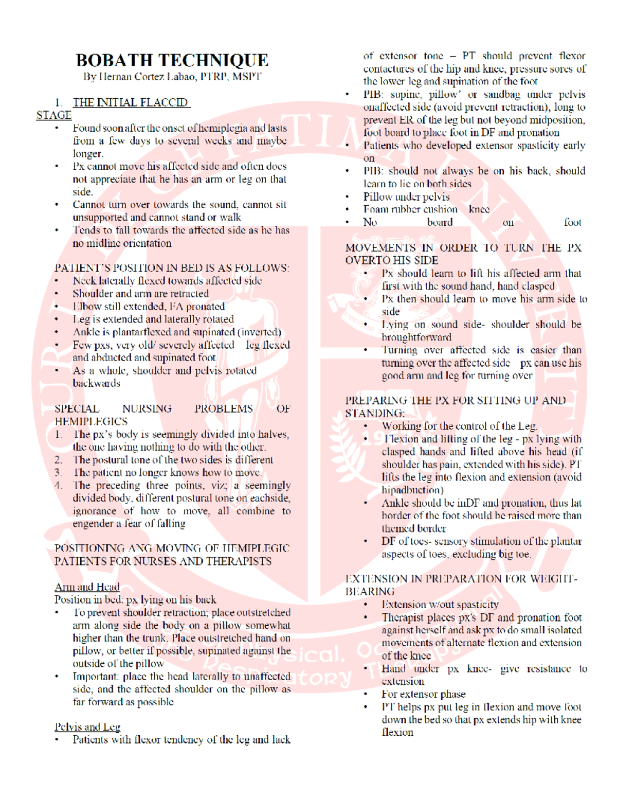 Bobath Treatment Approach (Handout) - BOBATH TECHNIQUE of extensor tone ...