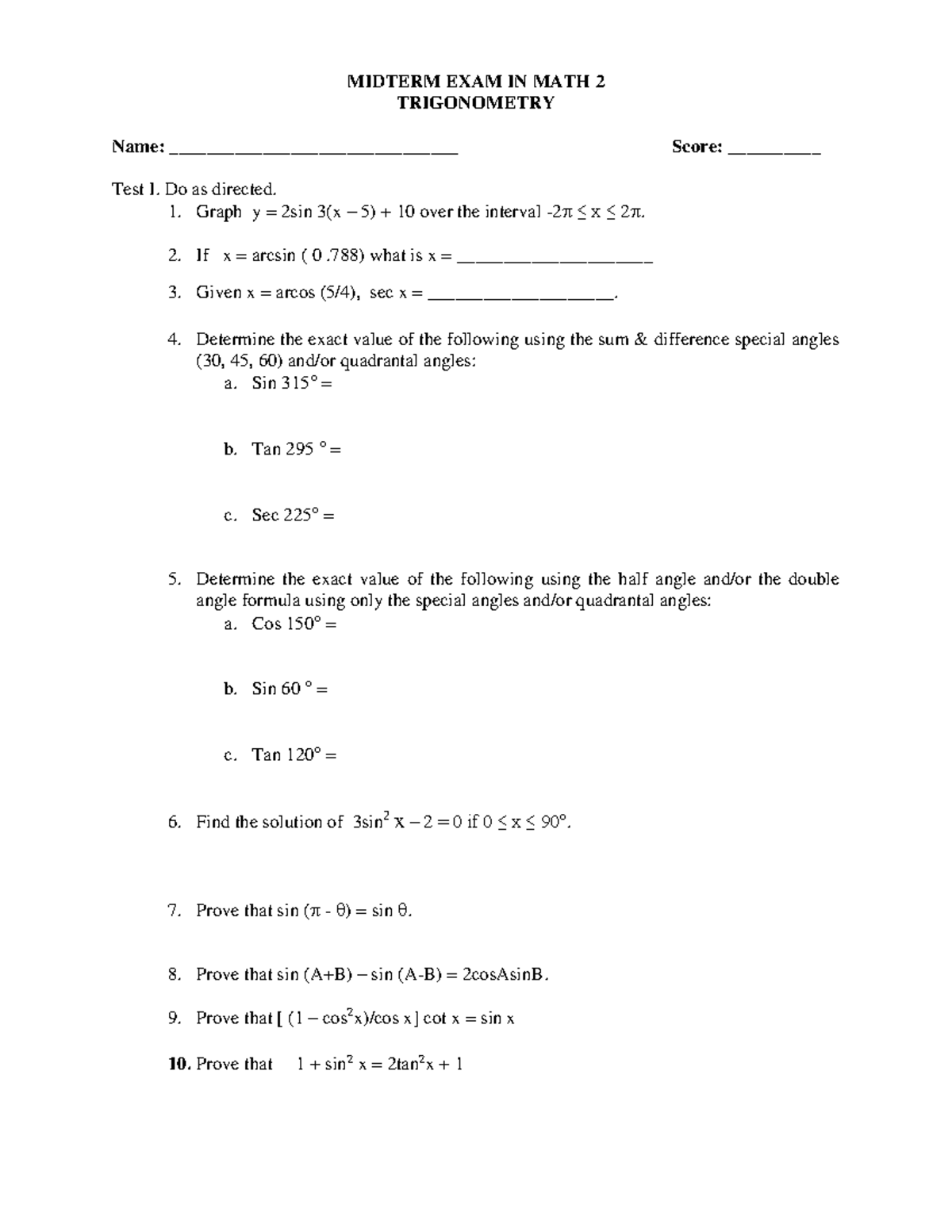 Midterm EXAM IN MATH 2 - EXAM - MIDTERM EXAM IN MATH 2 TRIGONOMETRY ...