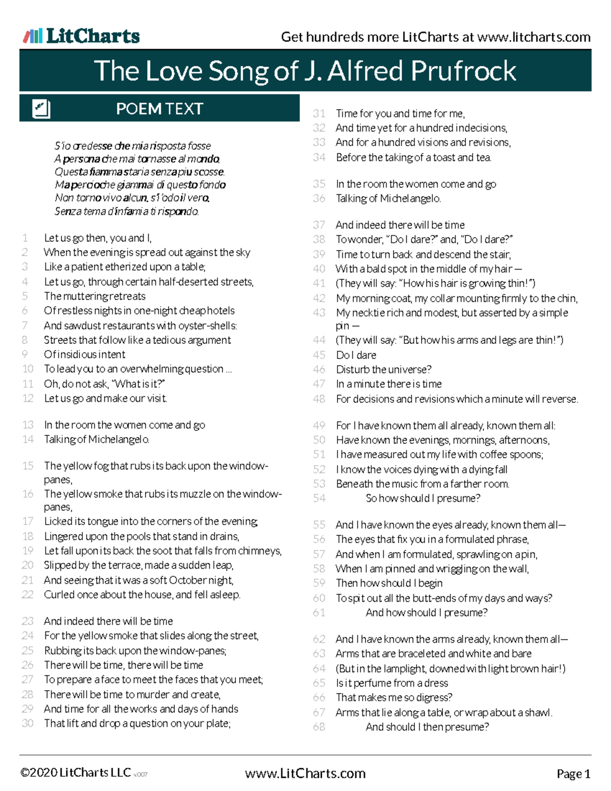 The Love Song of J Alfred Prufrock Lit Chart - The Love Song of J ...