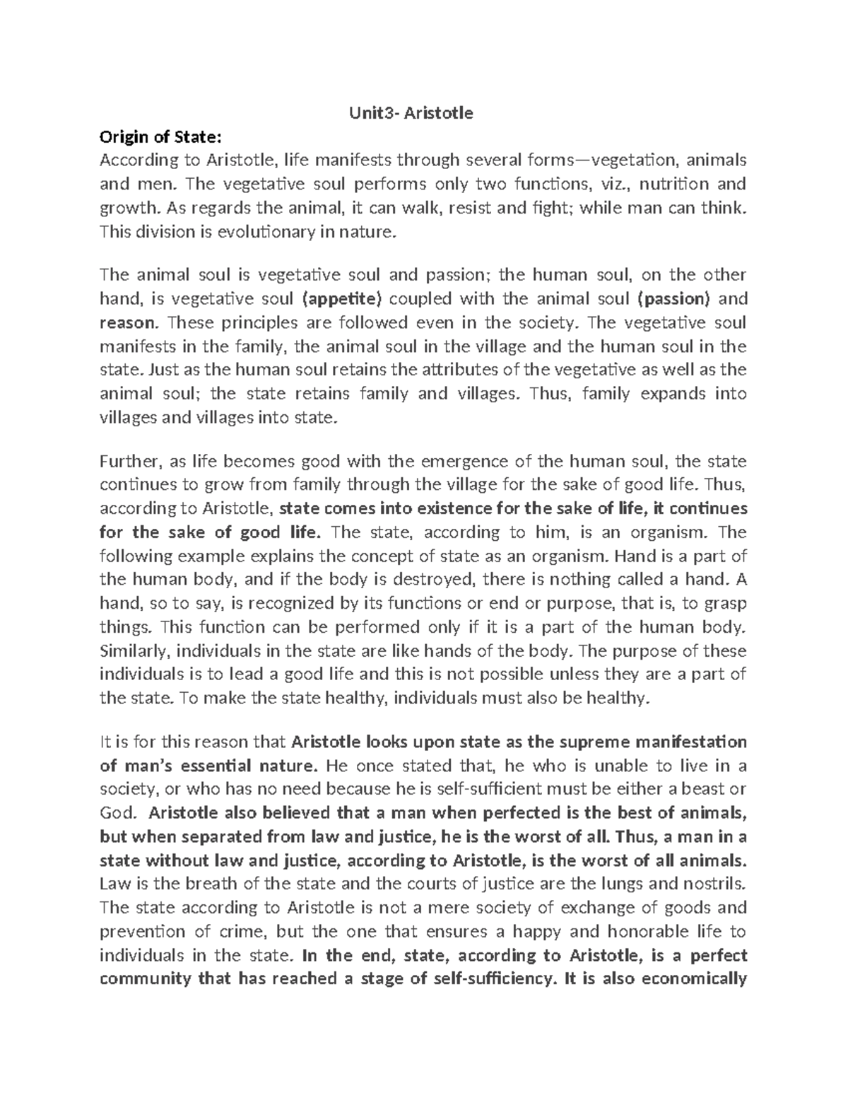 1780 Aristotle - Unit3- Aristotle Origin of State: According to ...