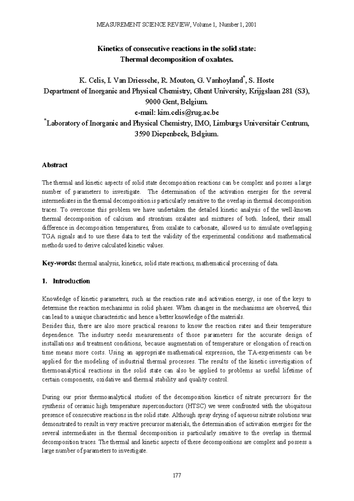 Kinetics of solid state reaction - MEASUREMENT SCIENCE REVIEW, Volume 1 ...