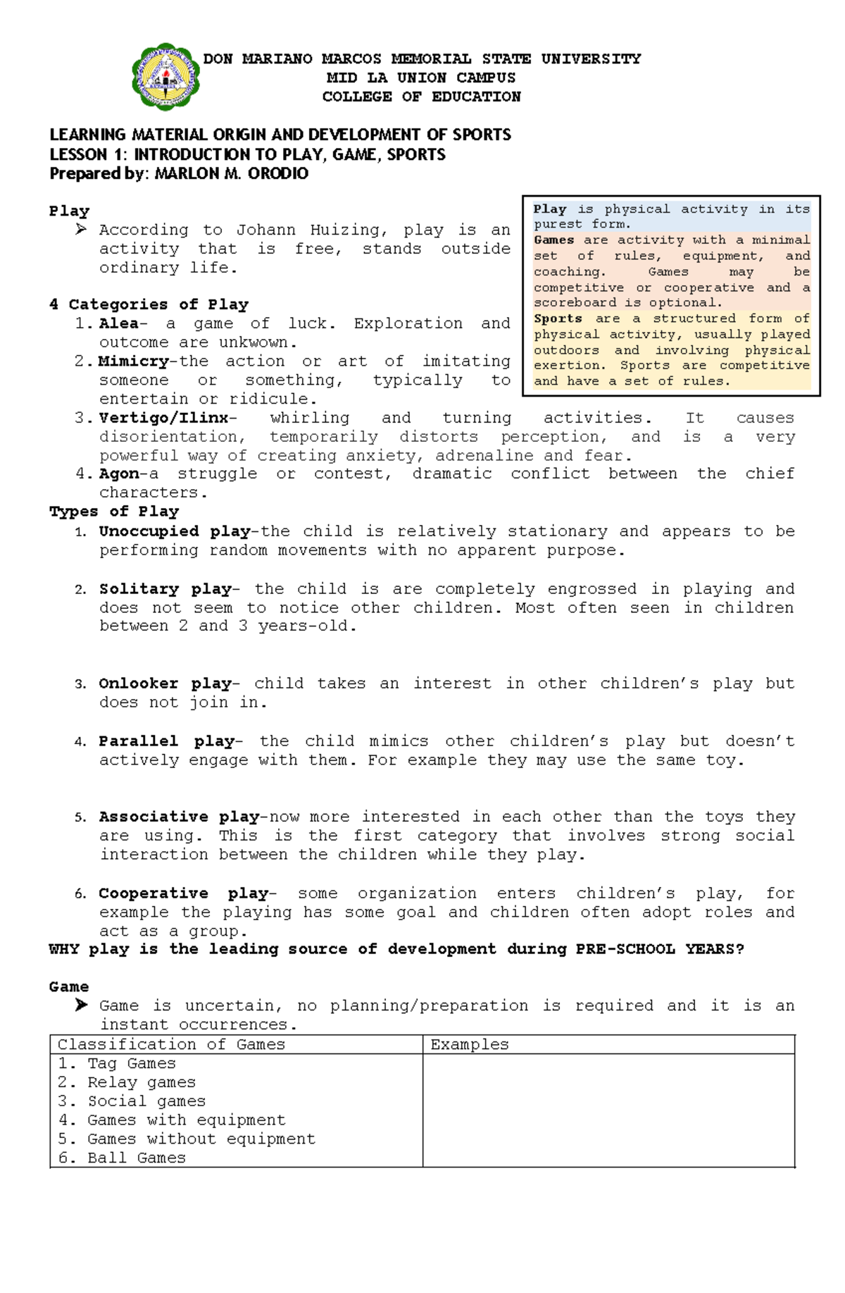 TEAM Sports HAND OUT 1 - Handout and PPT - DON MARIANO MARCOS MEMORIAL ...